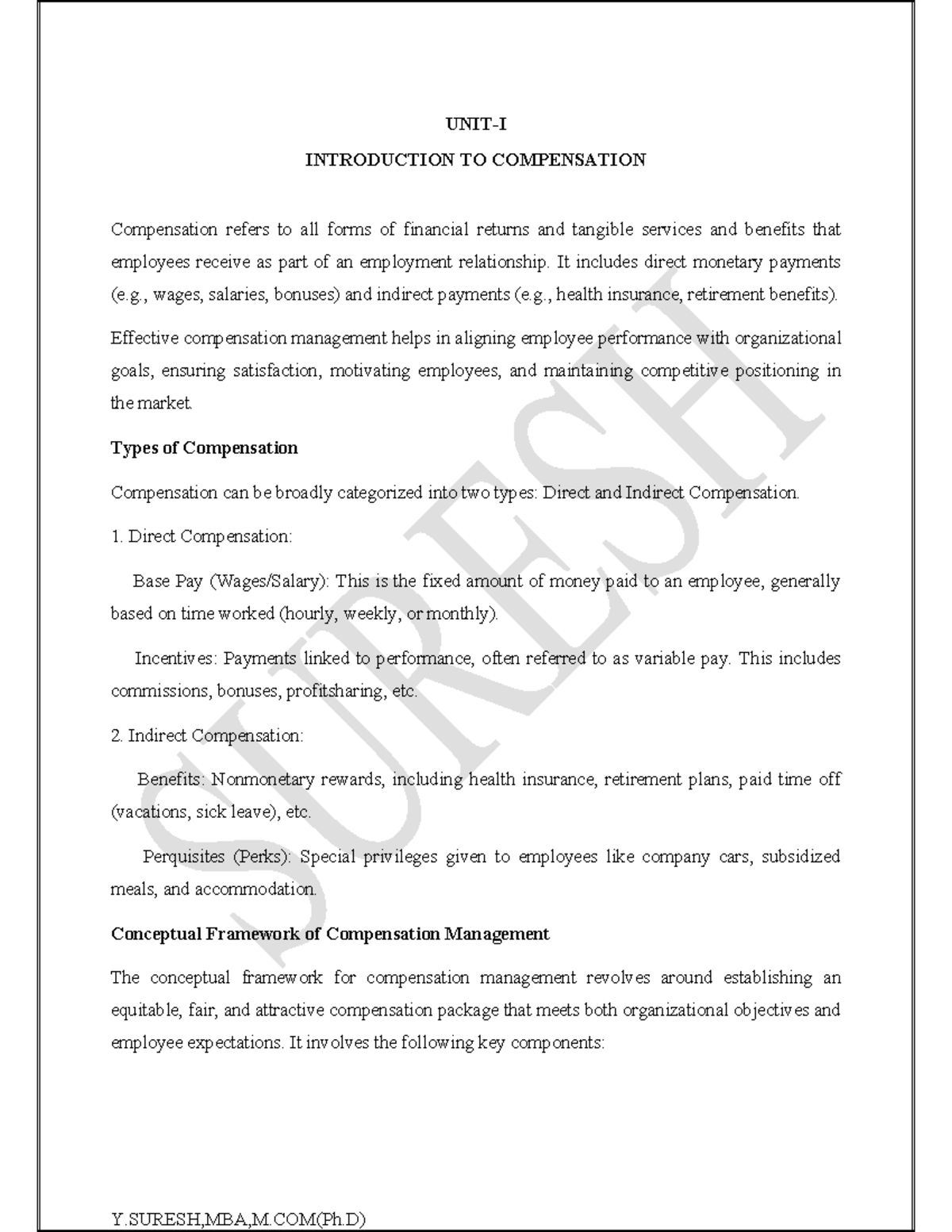 CRM - its useful to the students - UNIT-I INTRODUCTION TO COMPENSATION Compensation refers to ...