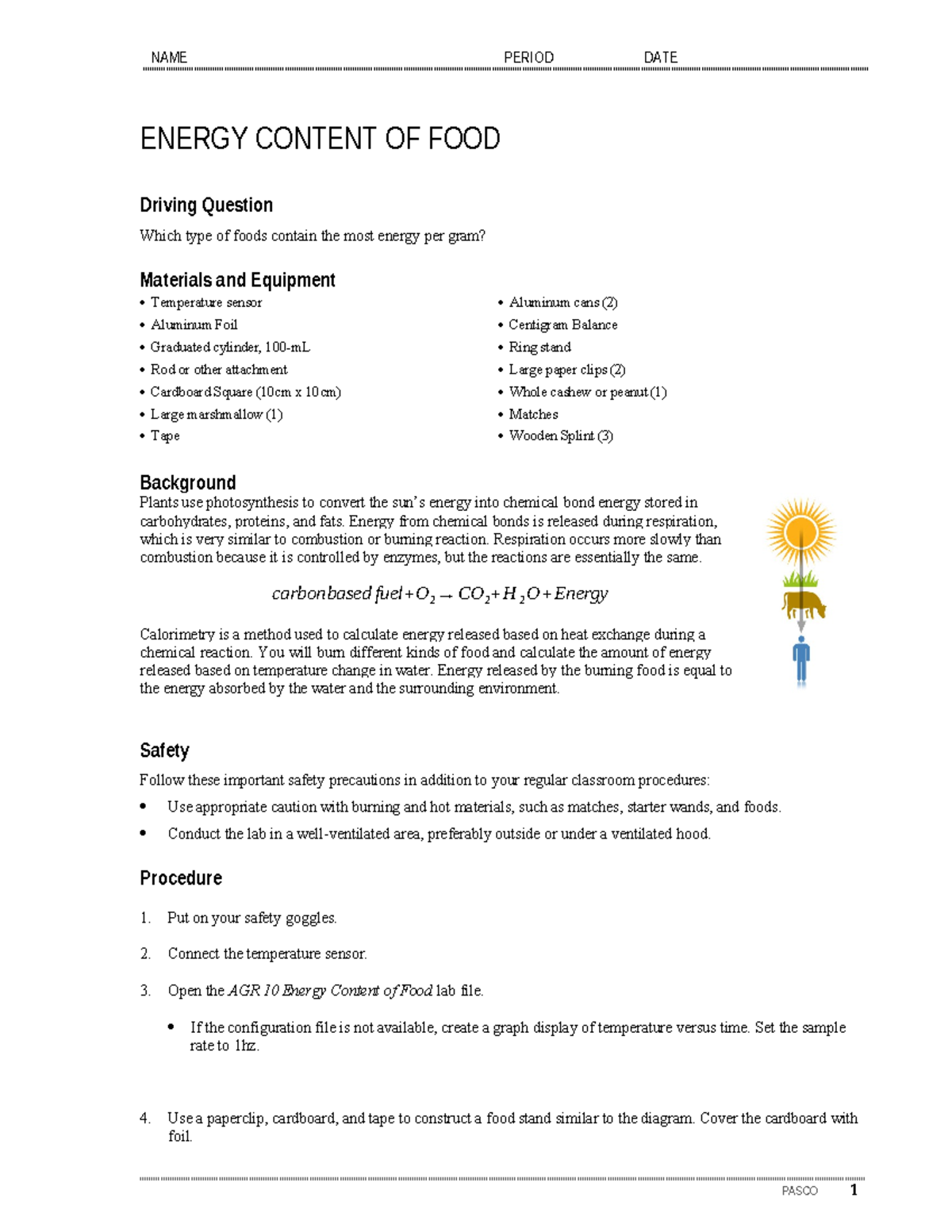 AGR 10 Energy content of Food - NAME PERIOD DATE ENERGY CONTENT OF FOOD ...