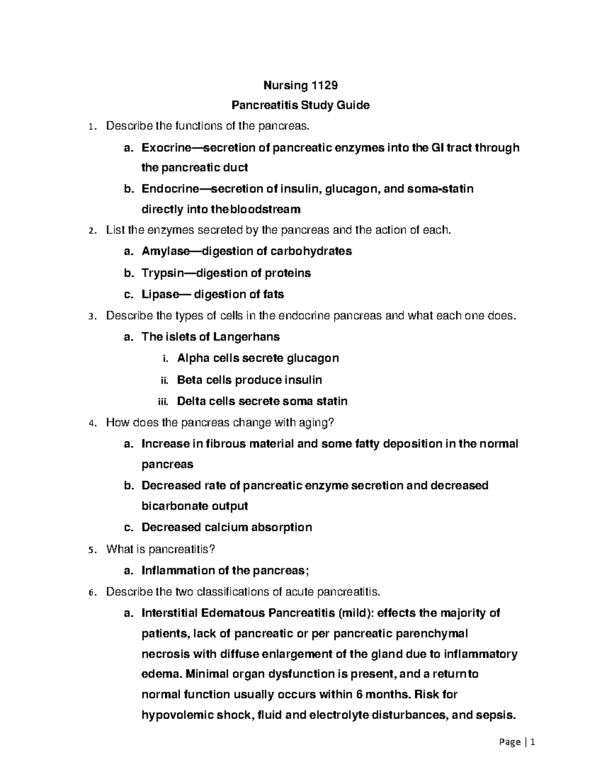 Nursing NSG 2 Pancreatitis Study Guide - Nursing 1129 Pancreatitis ...