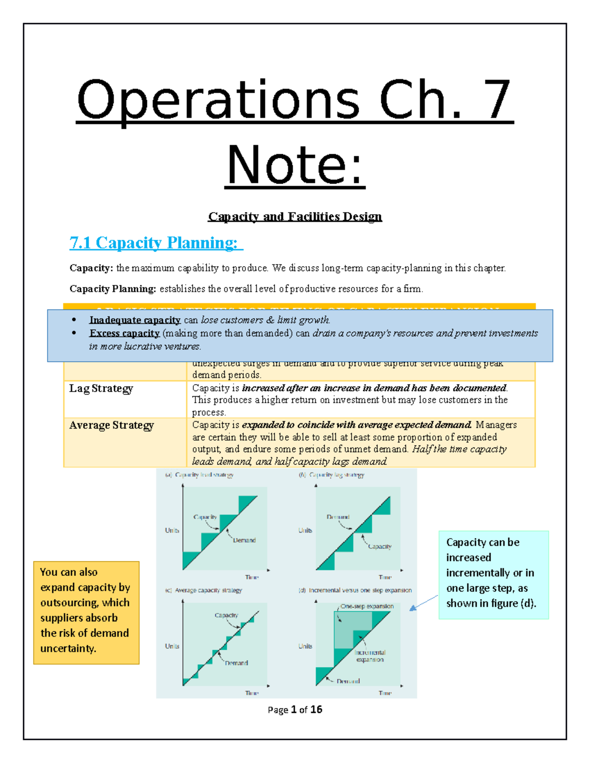 Operations Ch 7 Note - Operations Ch. 7 Note: ####### Capacity and ...