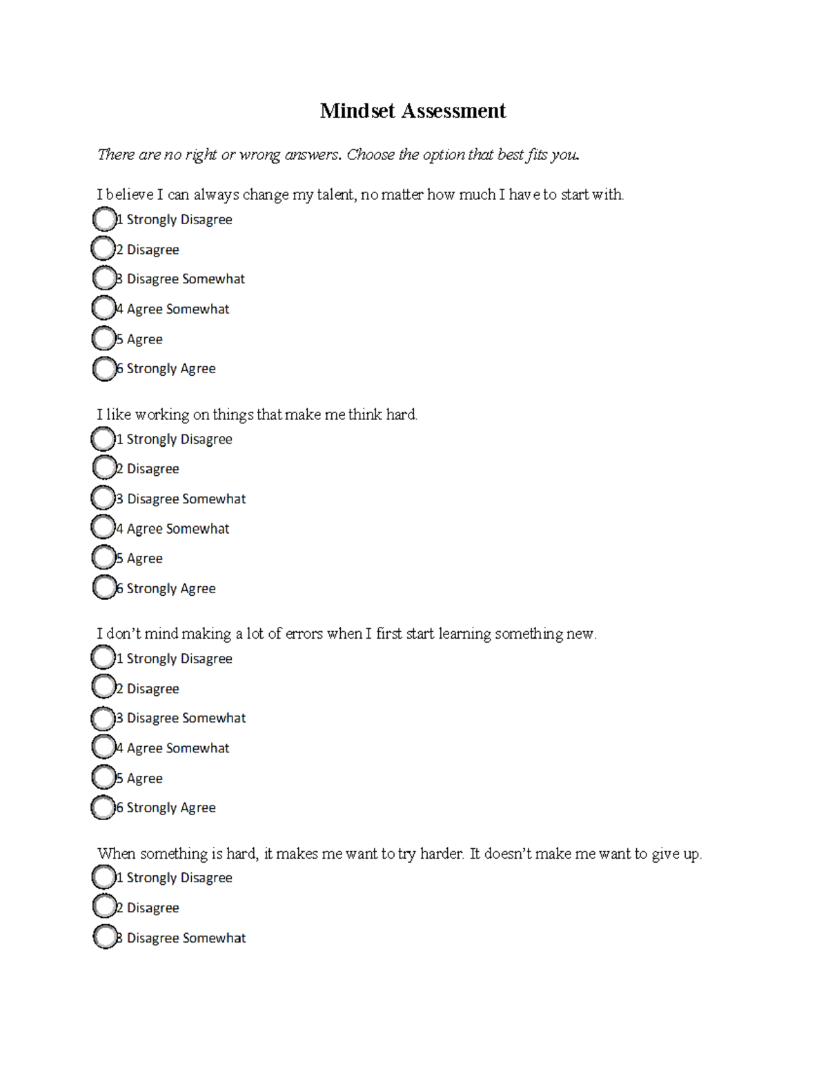 Mindset+Assessment - SEL - Mindset Assessment There are no right or wrong answers. Choose the ...