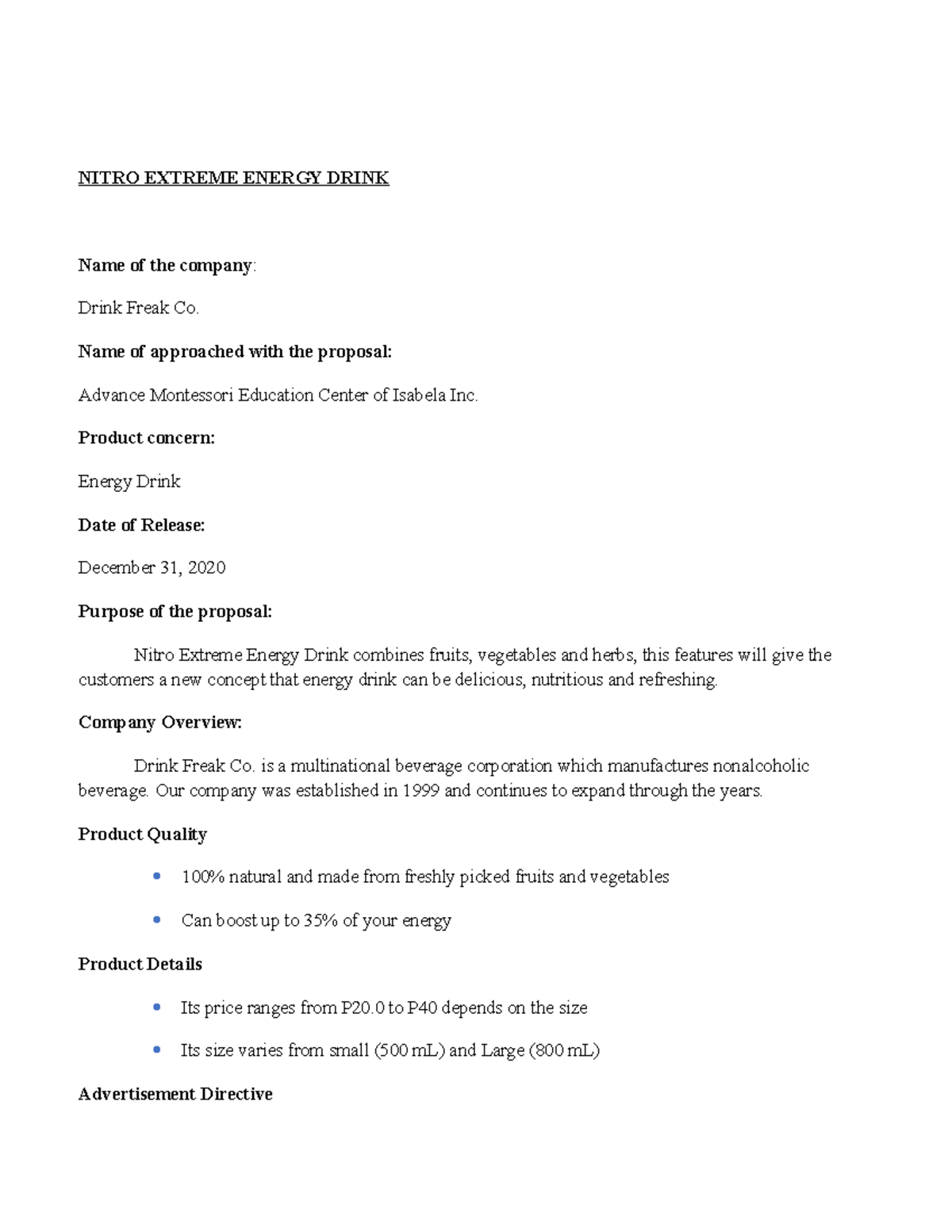 Product proposal - NITRO EXTREME ENERGY DRINK Name of the company ...