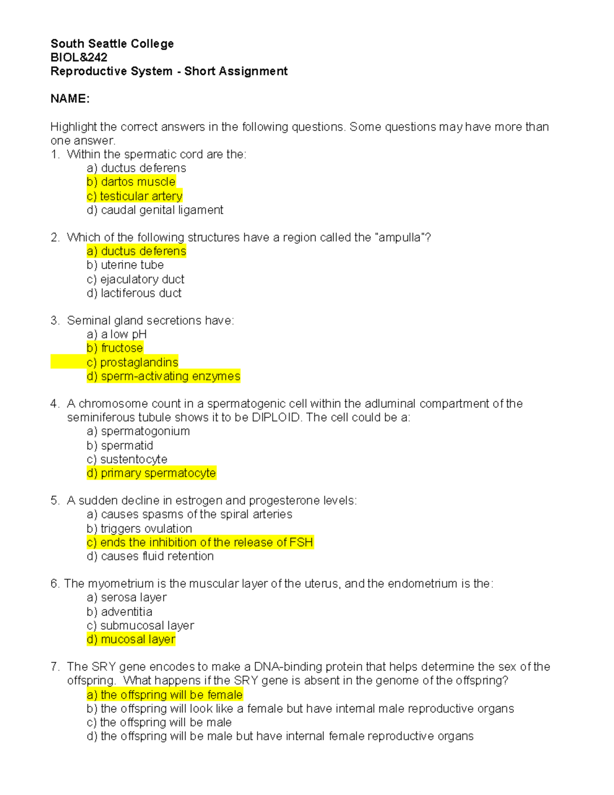 Short Assignment - Reproductive System - South Seattle College BIOL ...