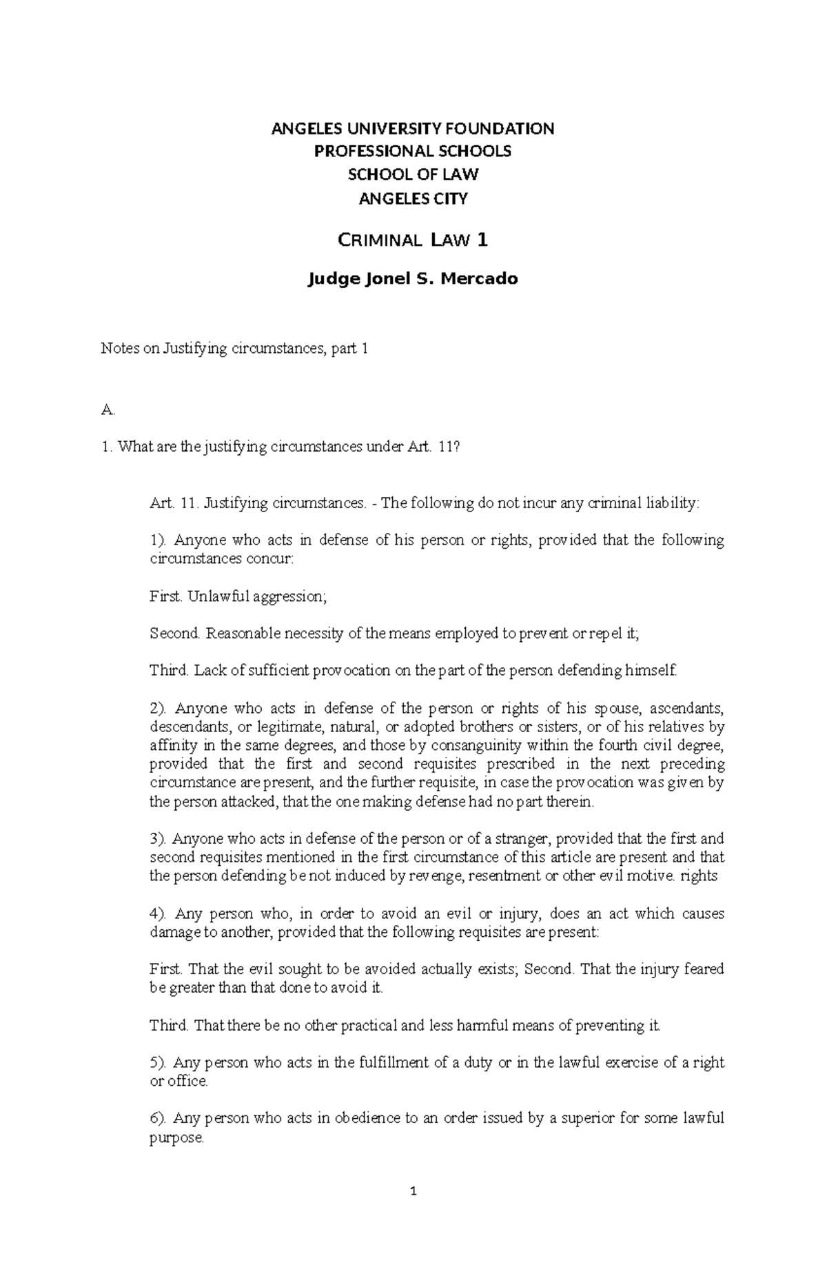 Justifying Circumstances Notes - ANGELES UNIVERSITY FOUNDATION ...