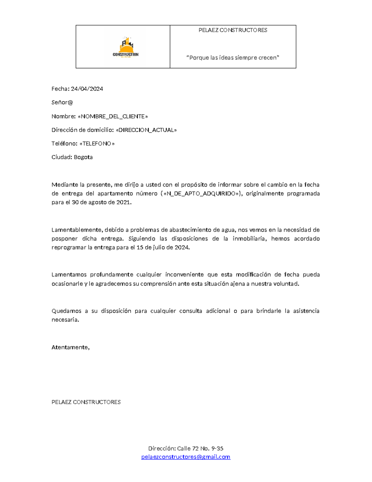 Formula carta - Fecha: 24/04/ Señor@ Nombre: «NOMBRE_DEL_CLIENTE ...