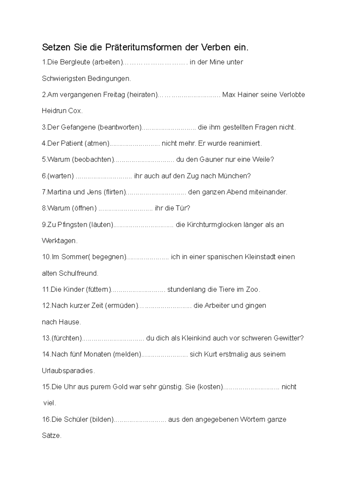 Das Präteritum Übungen Remediëring - Setzen Sie die Präteritumsformen ...