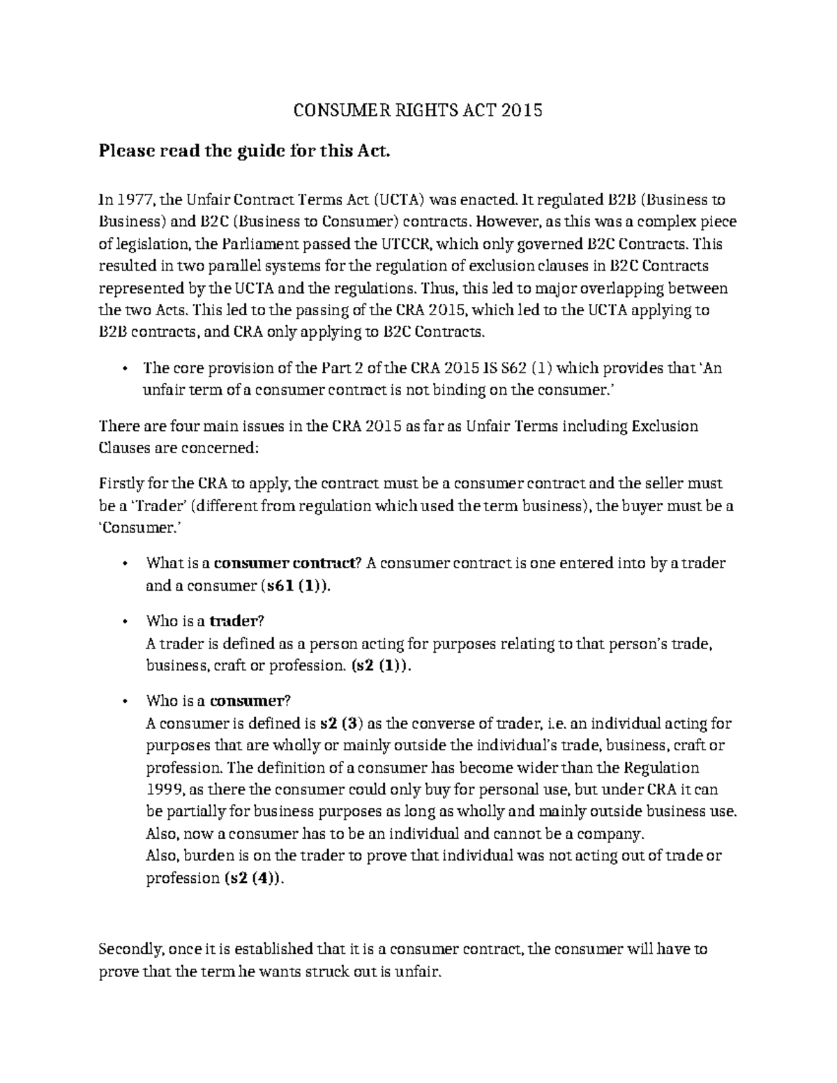 Consumer Rights ACT 2015 - CONSUMER RIGHTS ACT 2015 Please read the ...