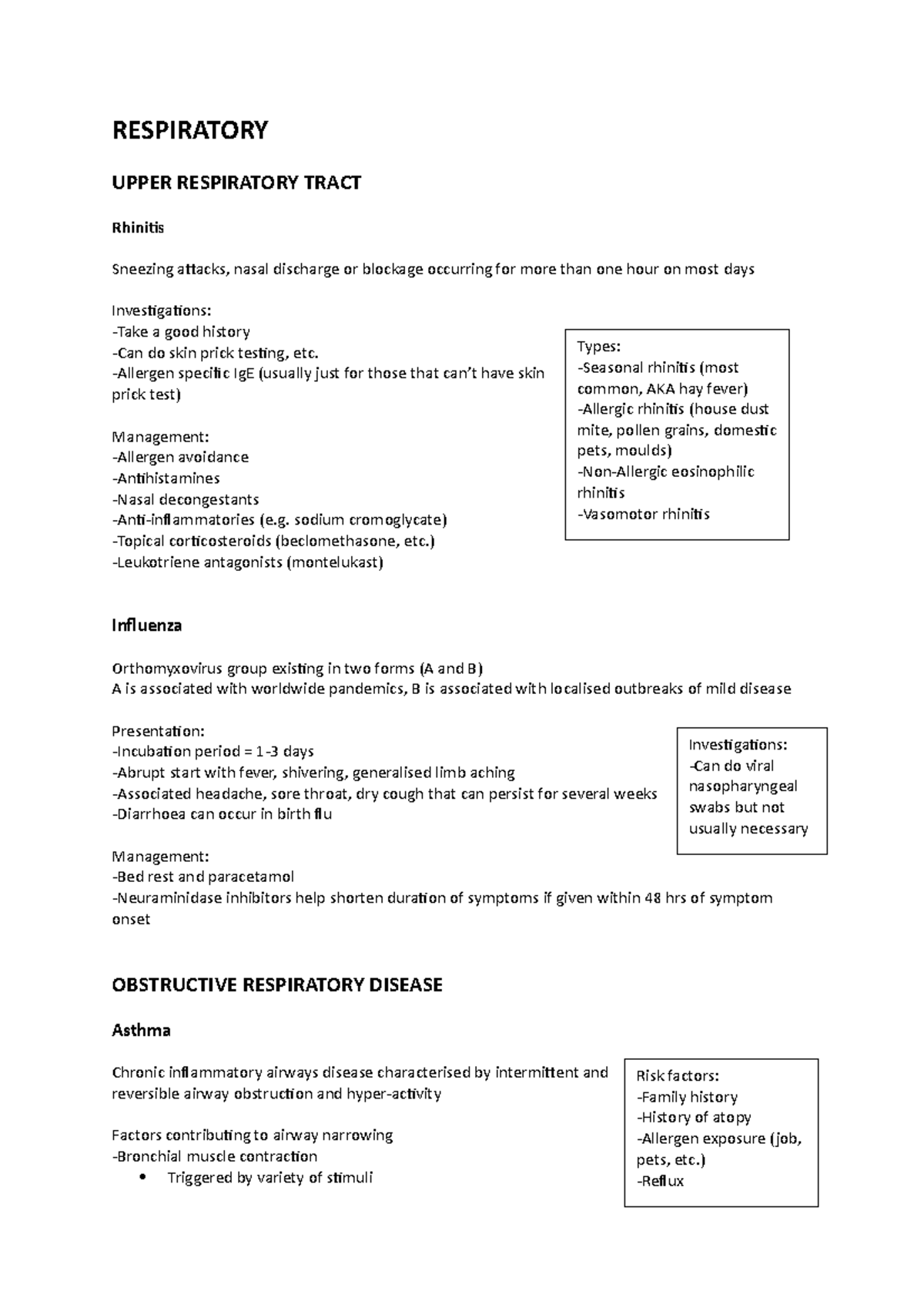 Respiratory final year - RESPIRATORY UPPER RESPIRATORY TRACT Rhinitis ...