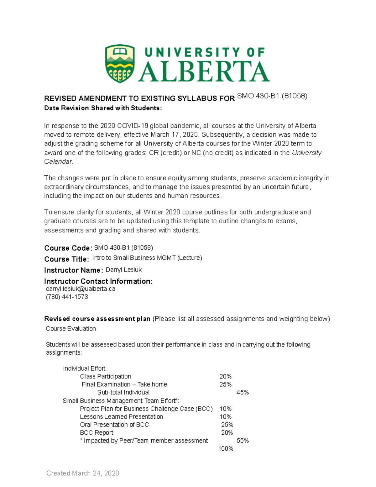 2020 Winter SMO 430 Lecture B1 - REVISED AMENDMENT TO EXISTING SYLLABUS ...