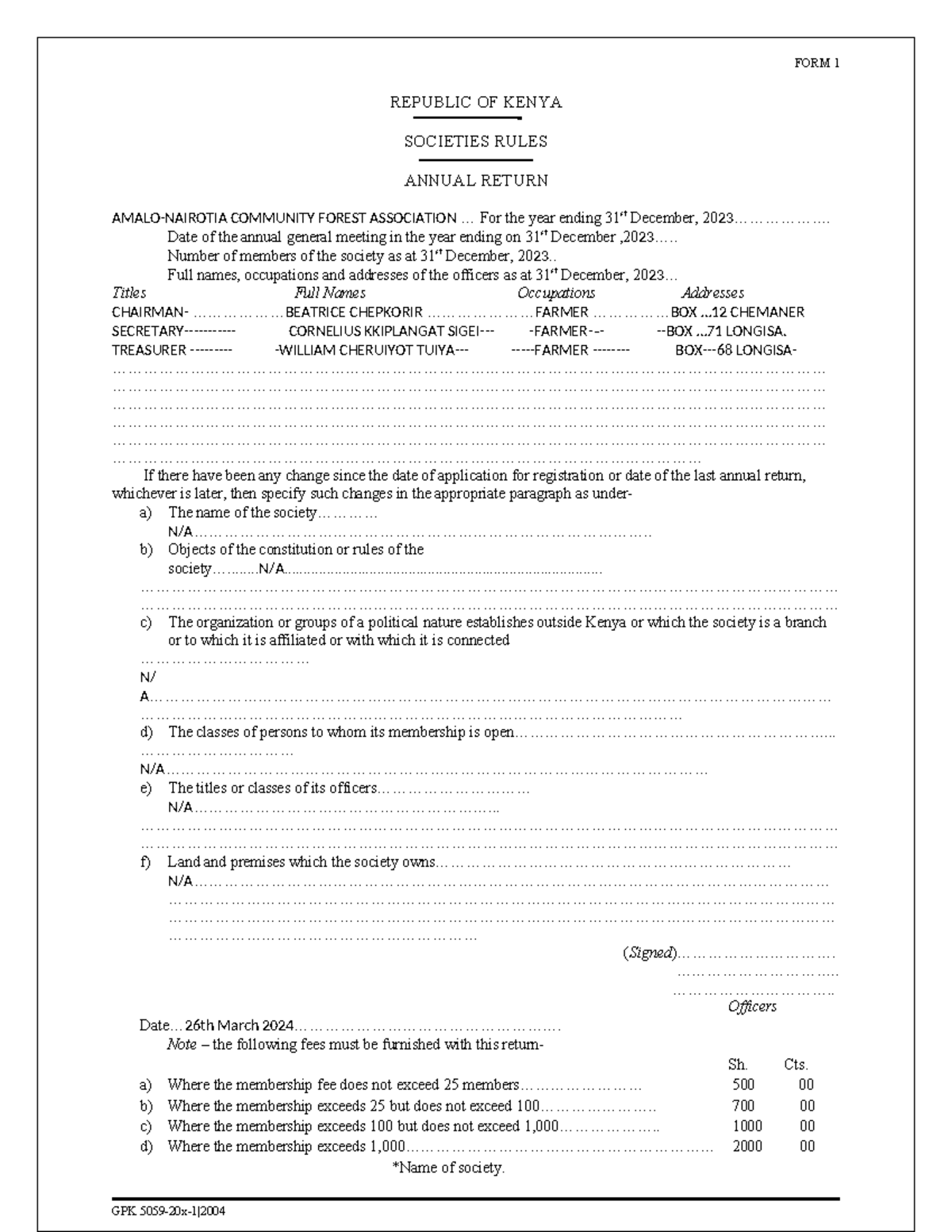 FORM-I-2022 - STUDENT - FORM 1 REPUBLIC OF KENYA SOCIETIES RULES ANNUAL ...
