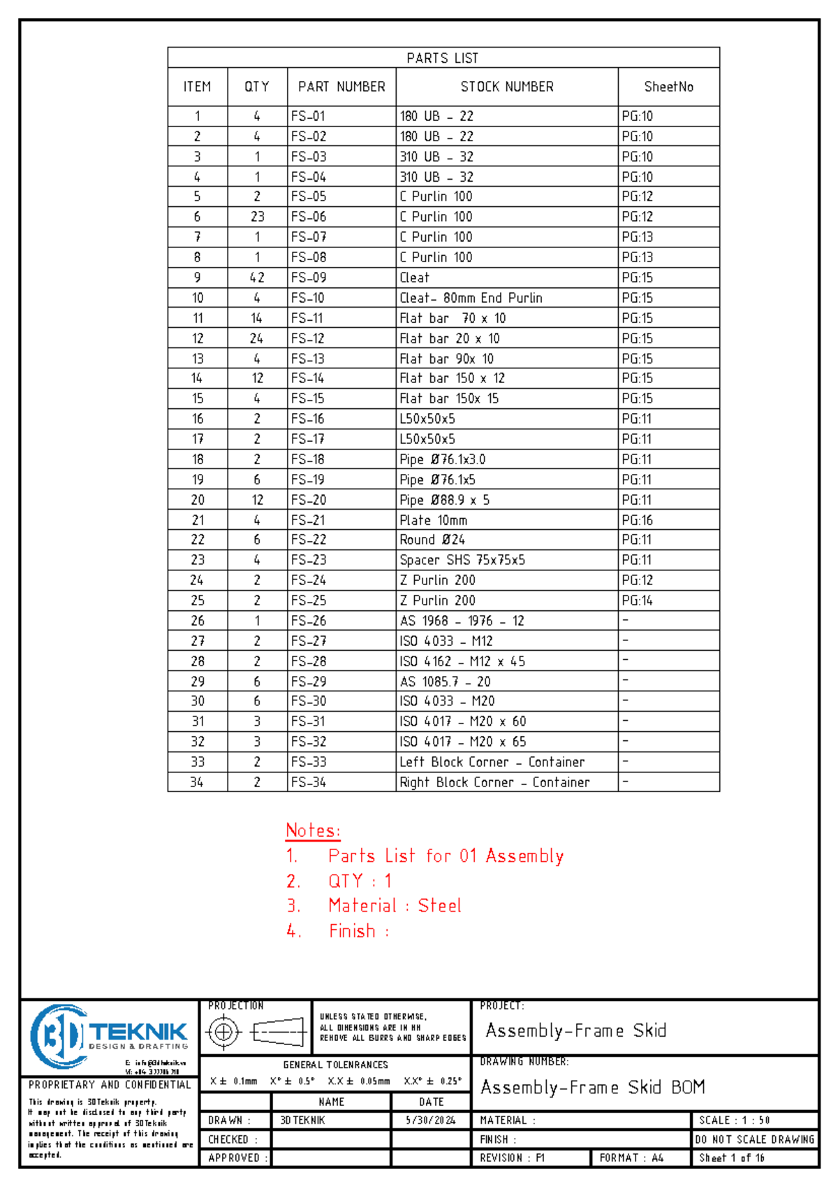 Assembly-Frame Skid v1 - PARTS LIST ITEM QTY PART NUMBER STOCK NUMBER ...