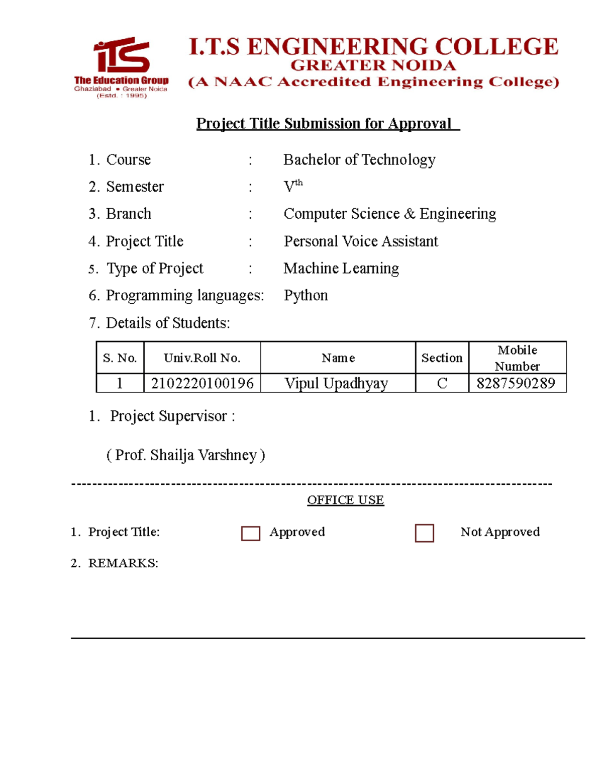 Project Synopsis - Project Title Submission for Approval 1. Course ...