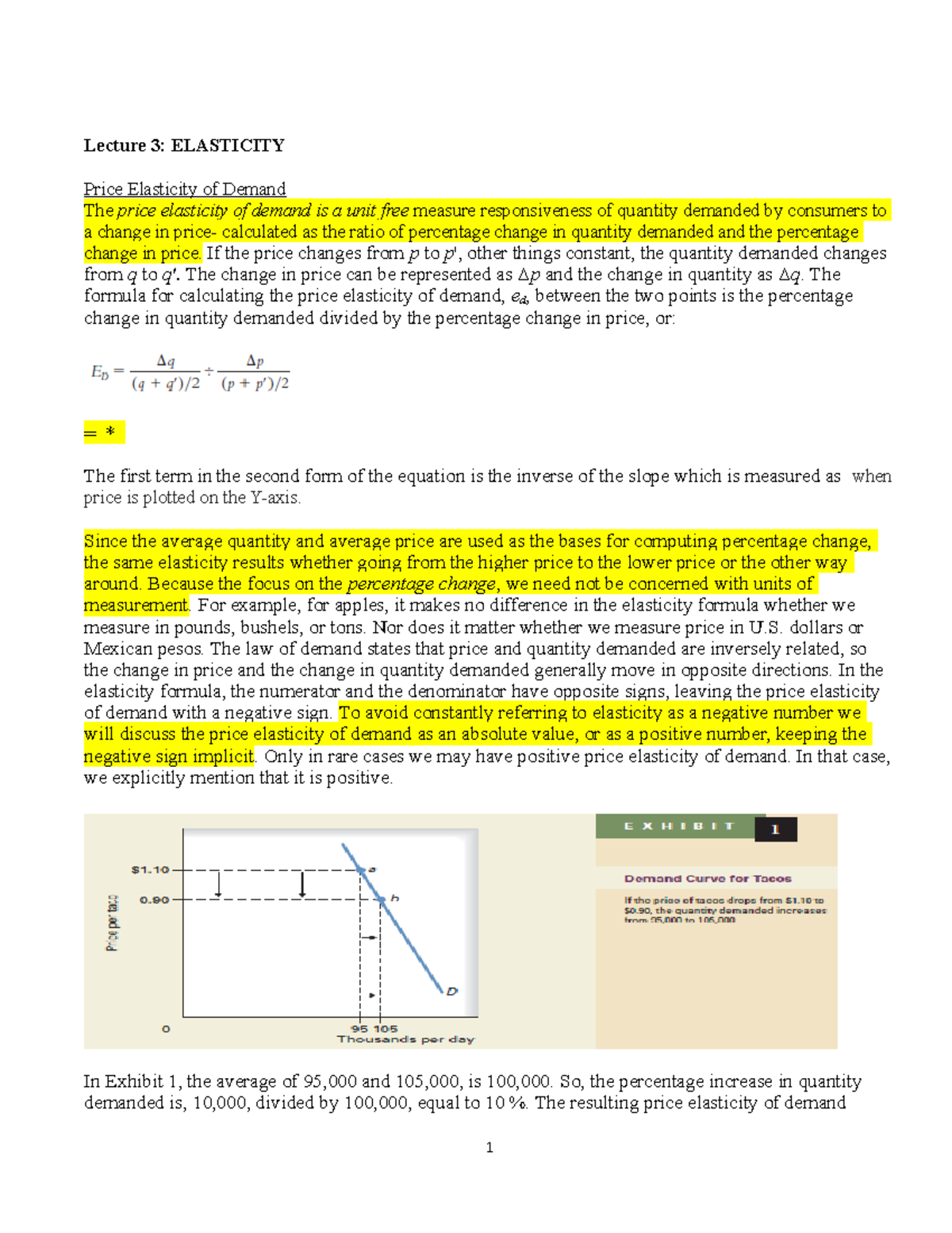 Lecture 3-Elasticity - Lecture 3: ELASTICITY Price Elasticity of Demand ...