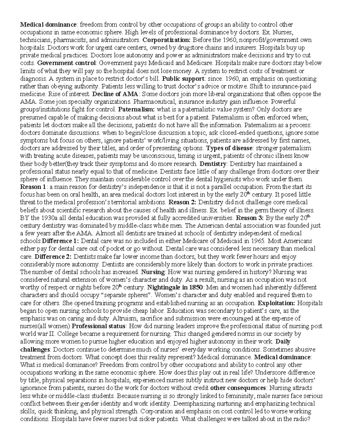 Exam 3 notes - for exam 3 - Medical dominance: freedom from control by ...