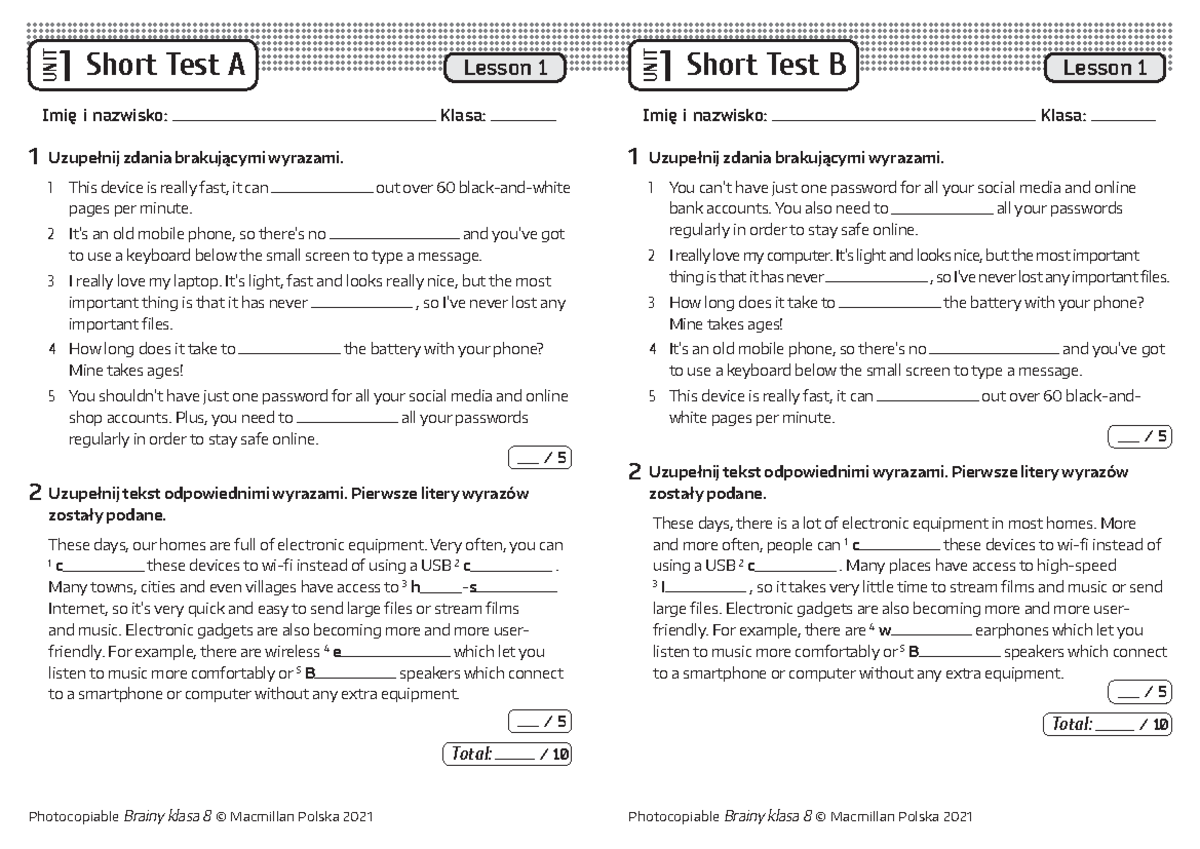 Short Tests Unit 1 Lesson 1 - UNIT 1 Short Test A UNIT 1 Short Test B ...