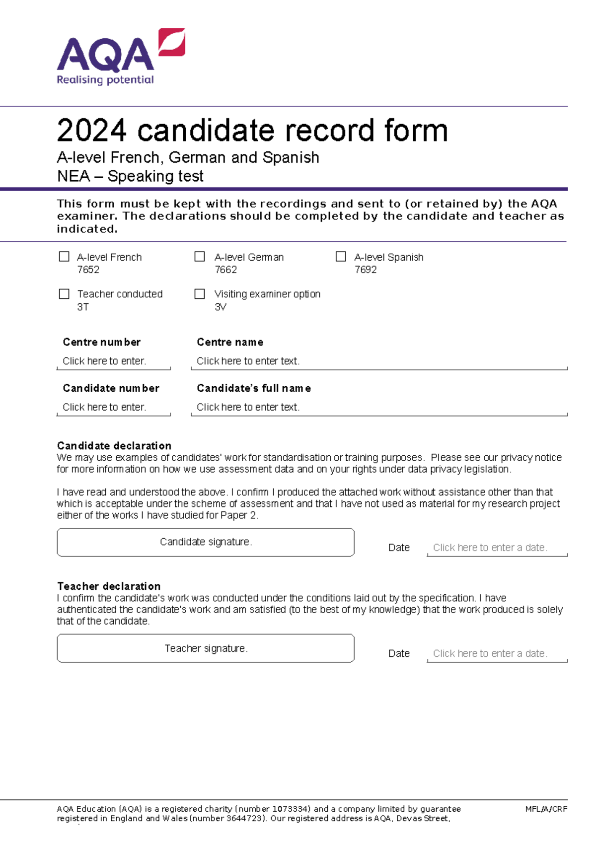 AQA MFL A CRF 24 - .;87u6tr5gfbhjko;iuyrf - 2024 candidate record form ...
