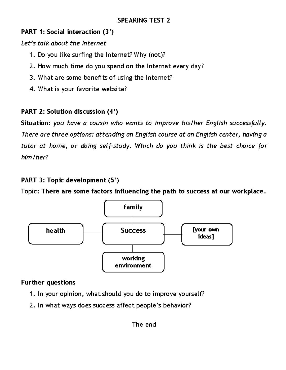 Speaking TEST 2 - advsa - SPEAKING TEST 2 PART 1: Social interaction (3 ...