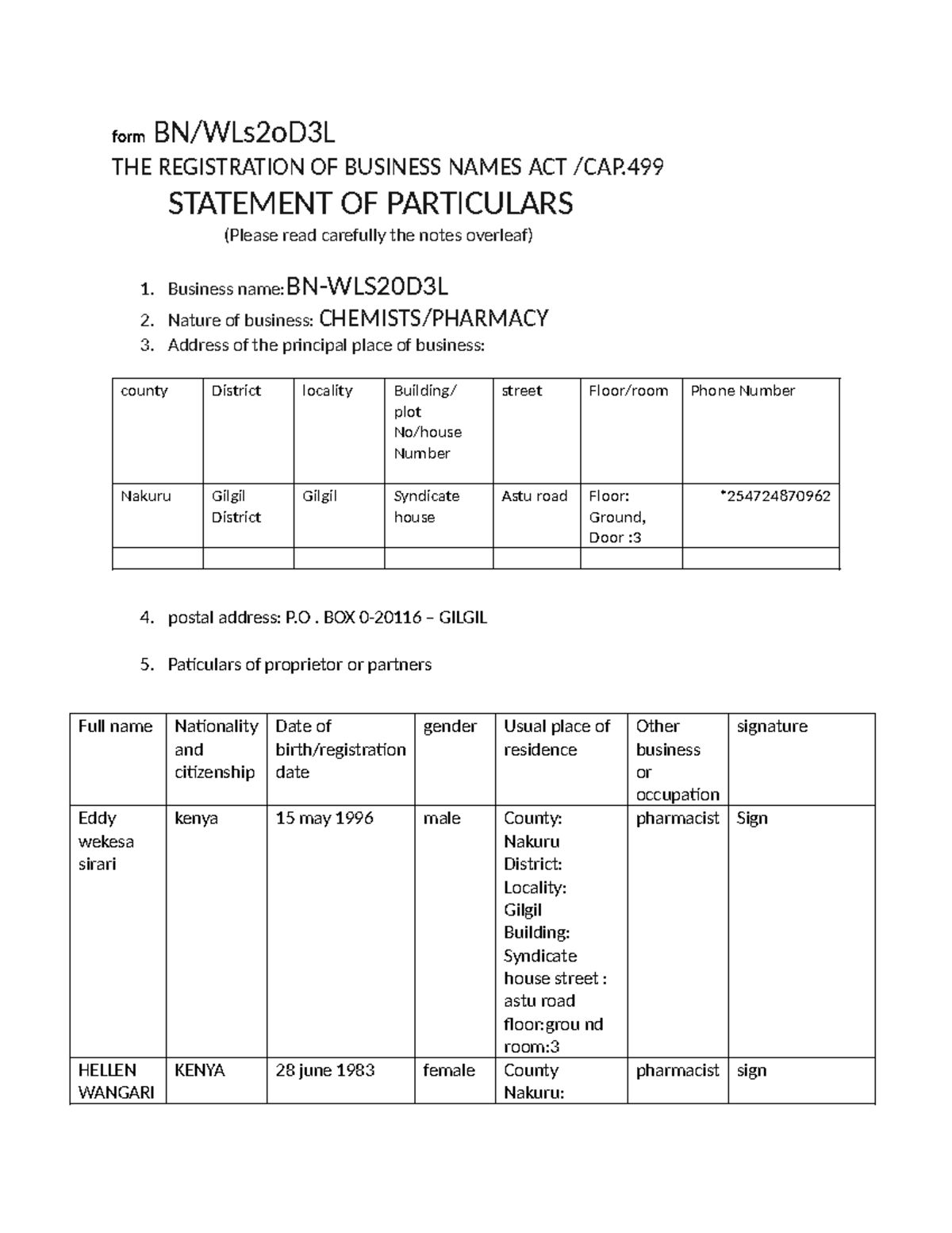 Form BN - form BN/WLs2oD3L THE REGISTRATION OF BUSINESS NAMES ACT /CAP ...