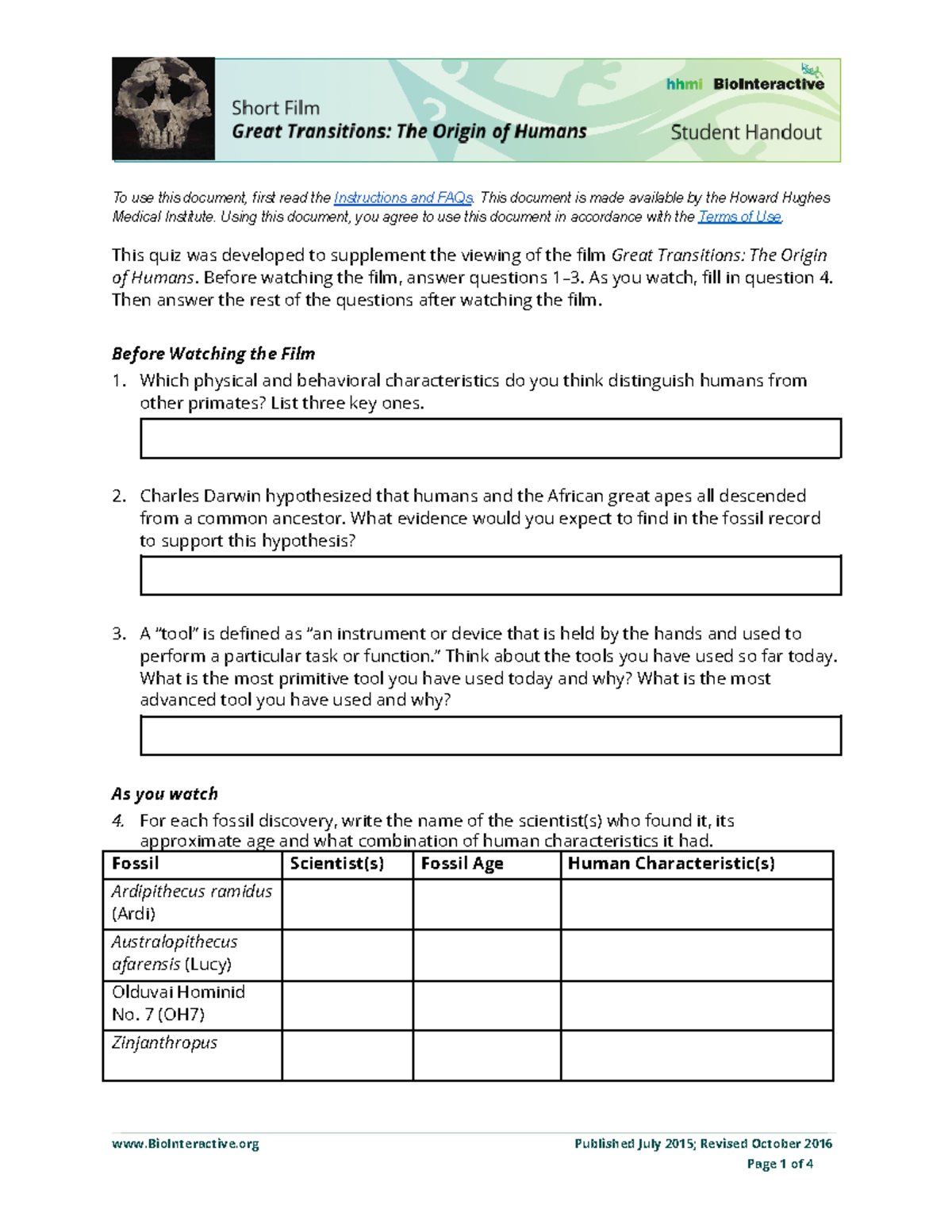 Origins of the Humans Video Worksheet - To use this document, first ...