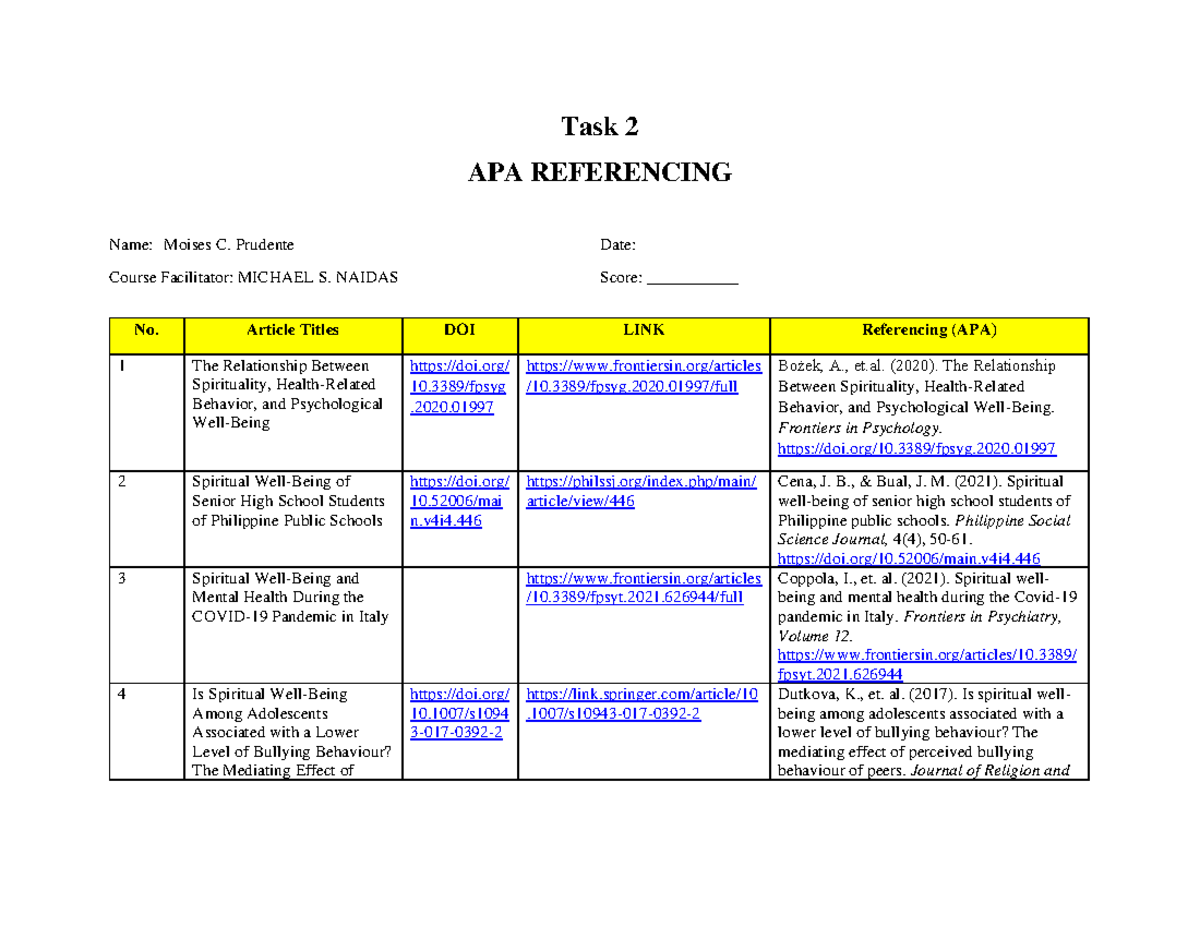 APA Referencing Task Sample - Task 2 APA REFERENCING Name: Moises C. Prudente Date: Course - Studocu