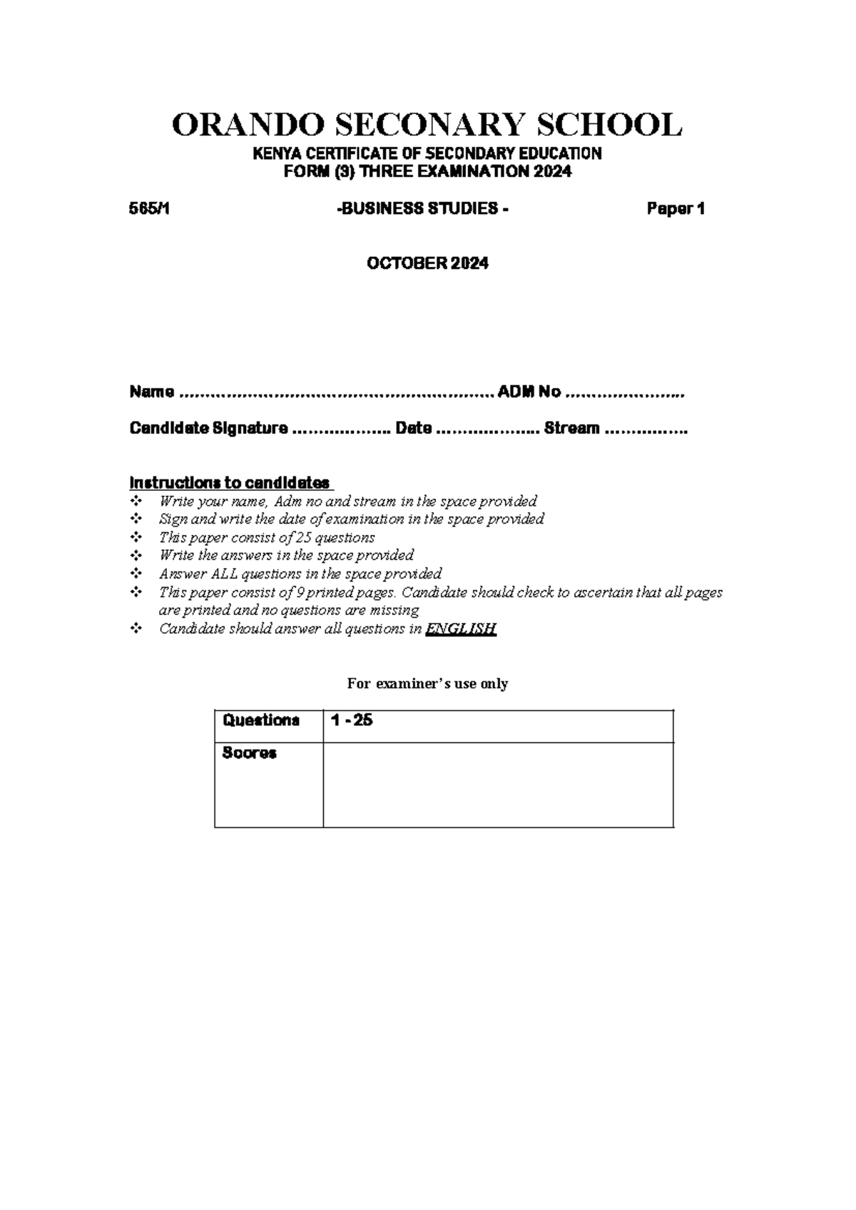 Orando Seconary School - ORANDO SECONARY SCHOOL KENYA CERTIFICATE OF ...