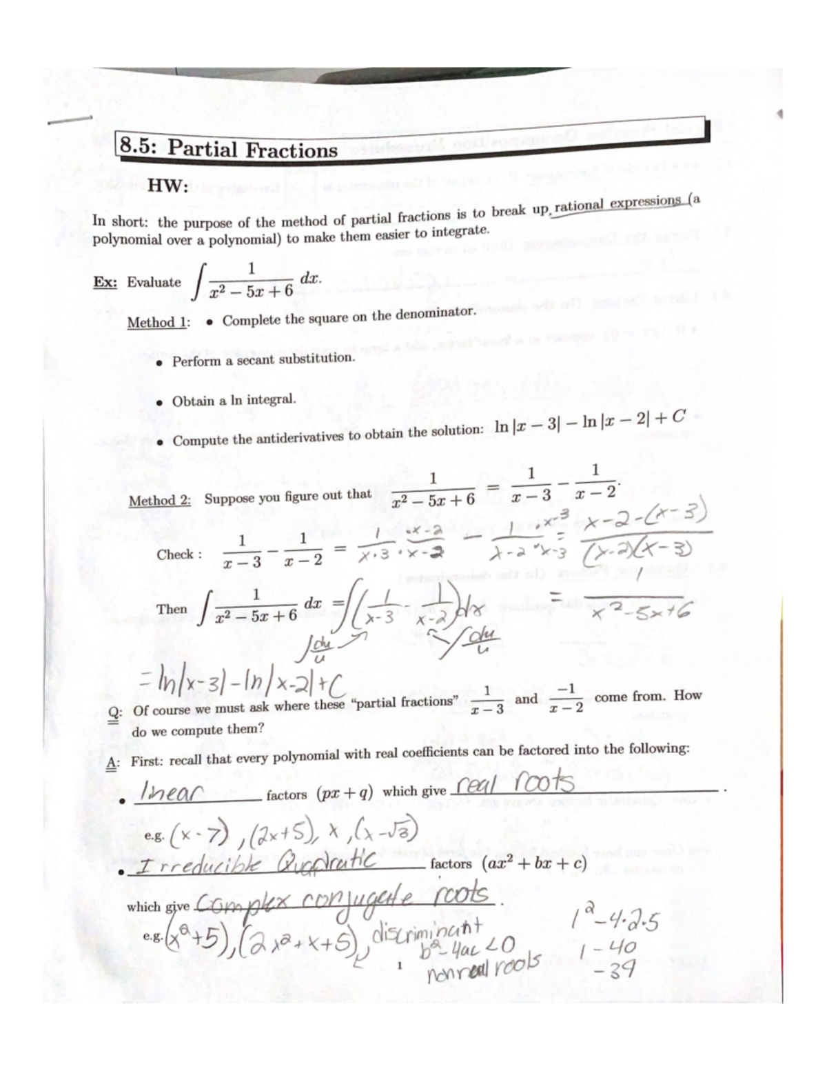 8.5 Partial Fractions - Notes I took in class. - 8: Partial Fractions ...