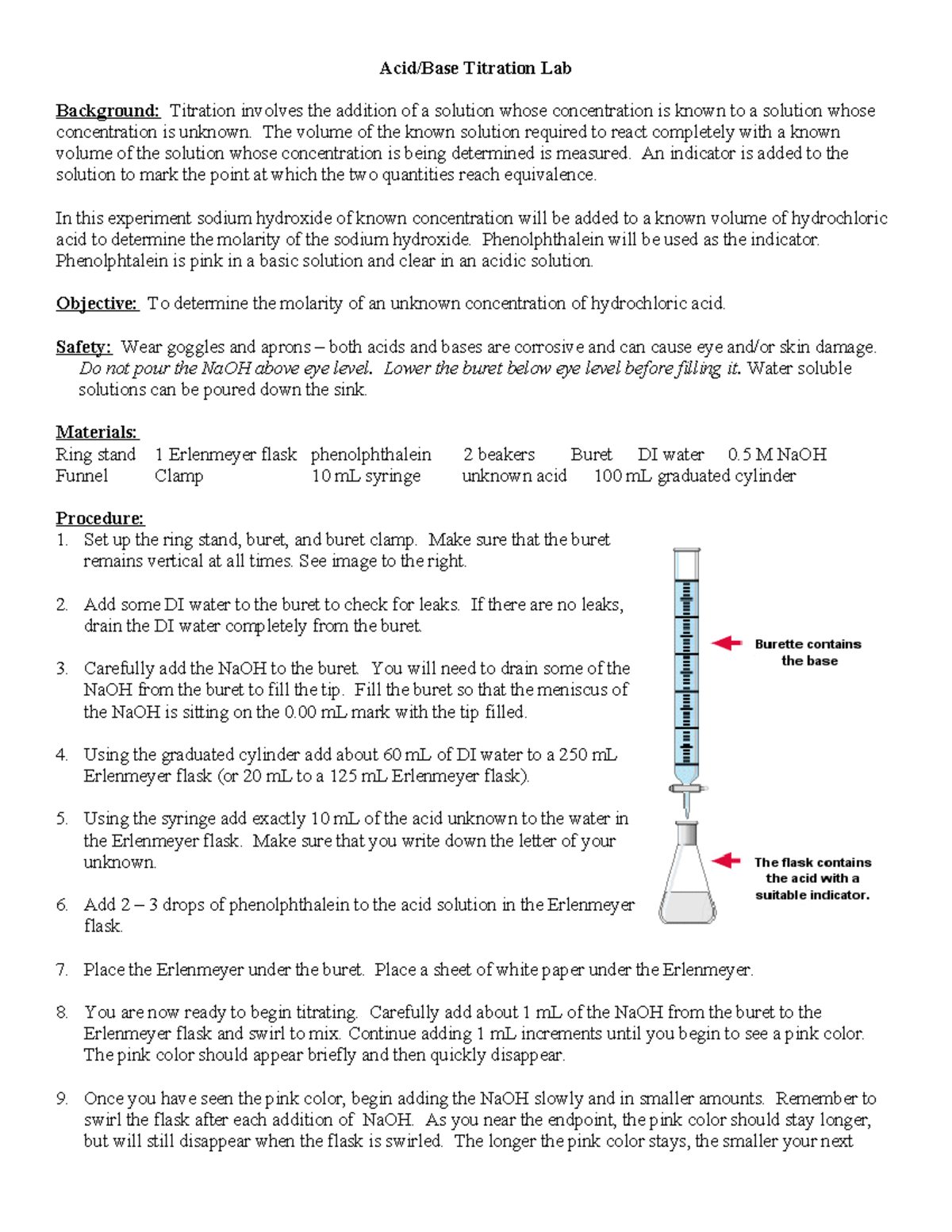 Lab Titrations 10 - Acid/Base Titration Lab Background: Titration ...