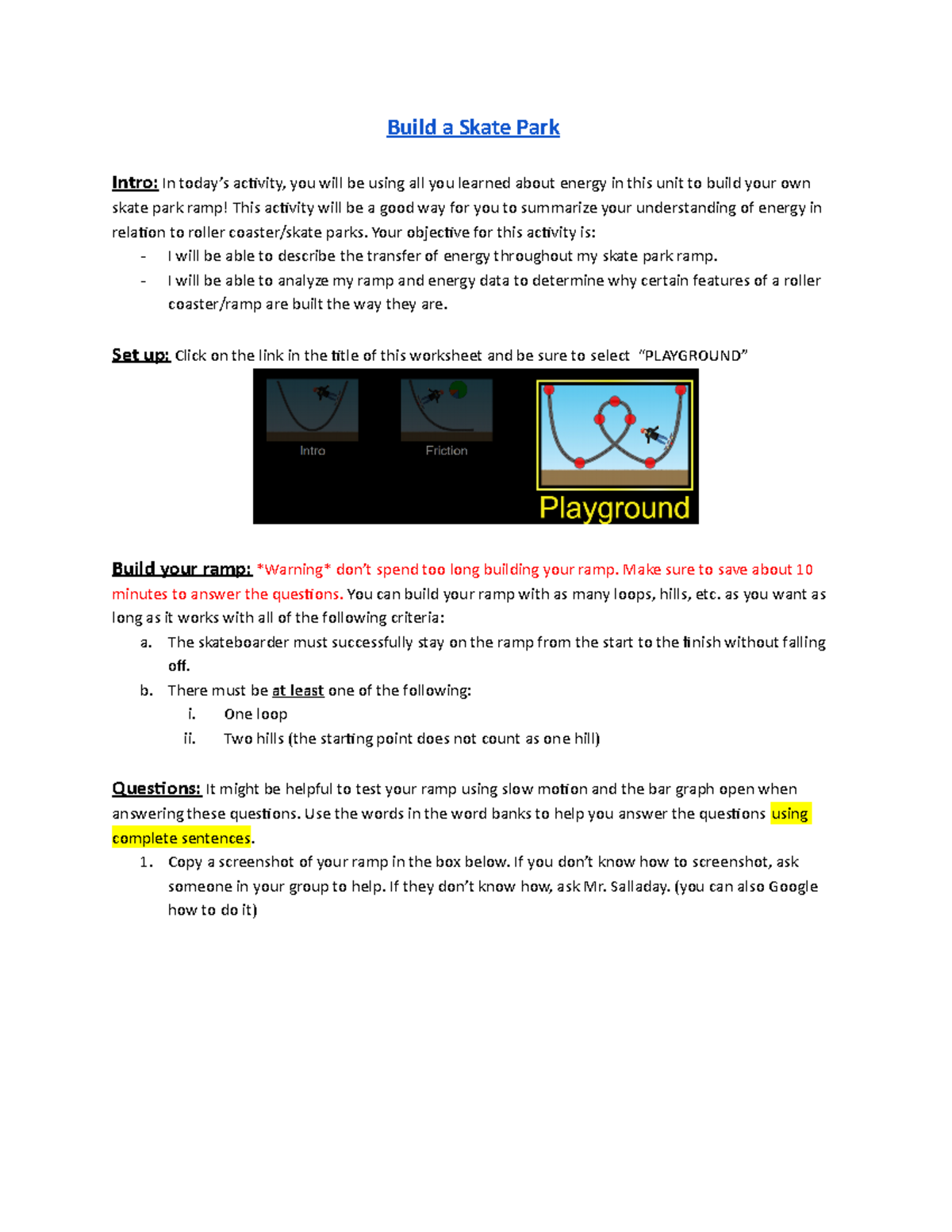 Build A Skate Park (honors) - Build a Skate Park Intro: In today’s ...