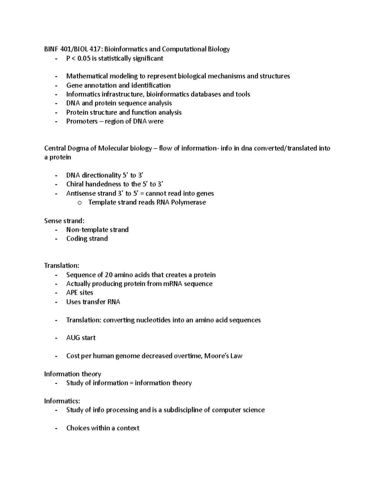 BINF 401 BIOL 417 Study Guide - BINF 401/BIOL 417: Bioinformatics and ...