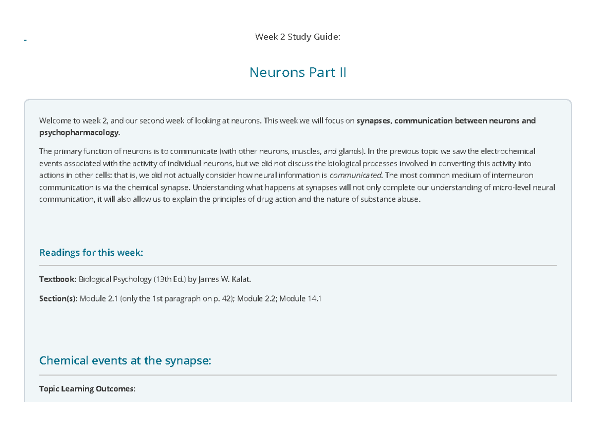 Neurons Part II - Week 2 Study Guide: Neurons Part II Welcome to week 2 ...