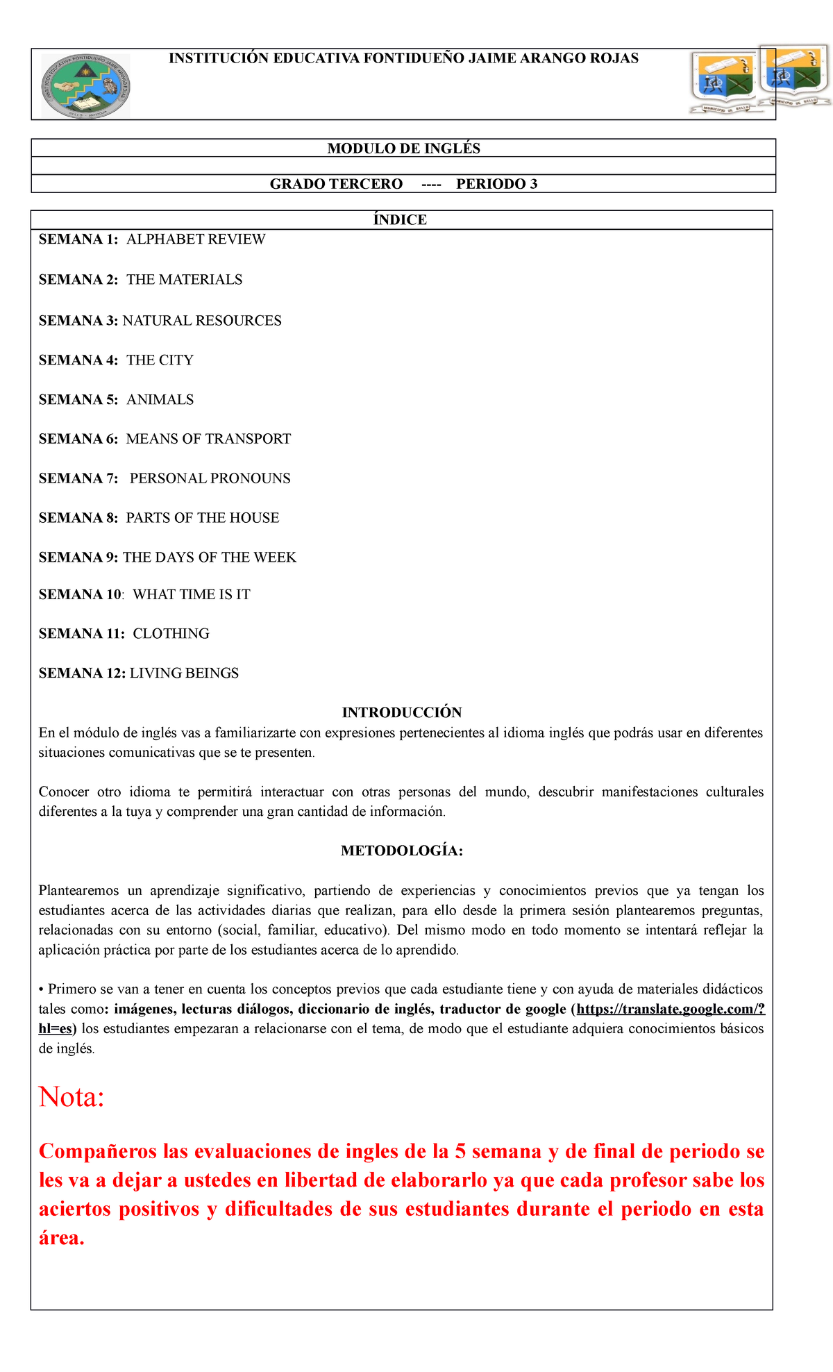 Modulo Ingles 3 - MODULO DE INGLÉS GRADO TERCERO - PERIODO 3 ÍNDICE ...