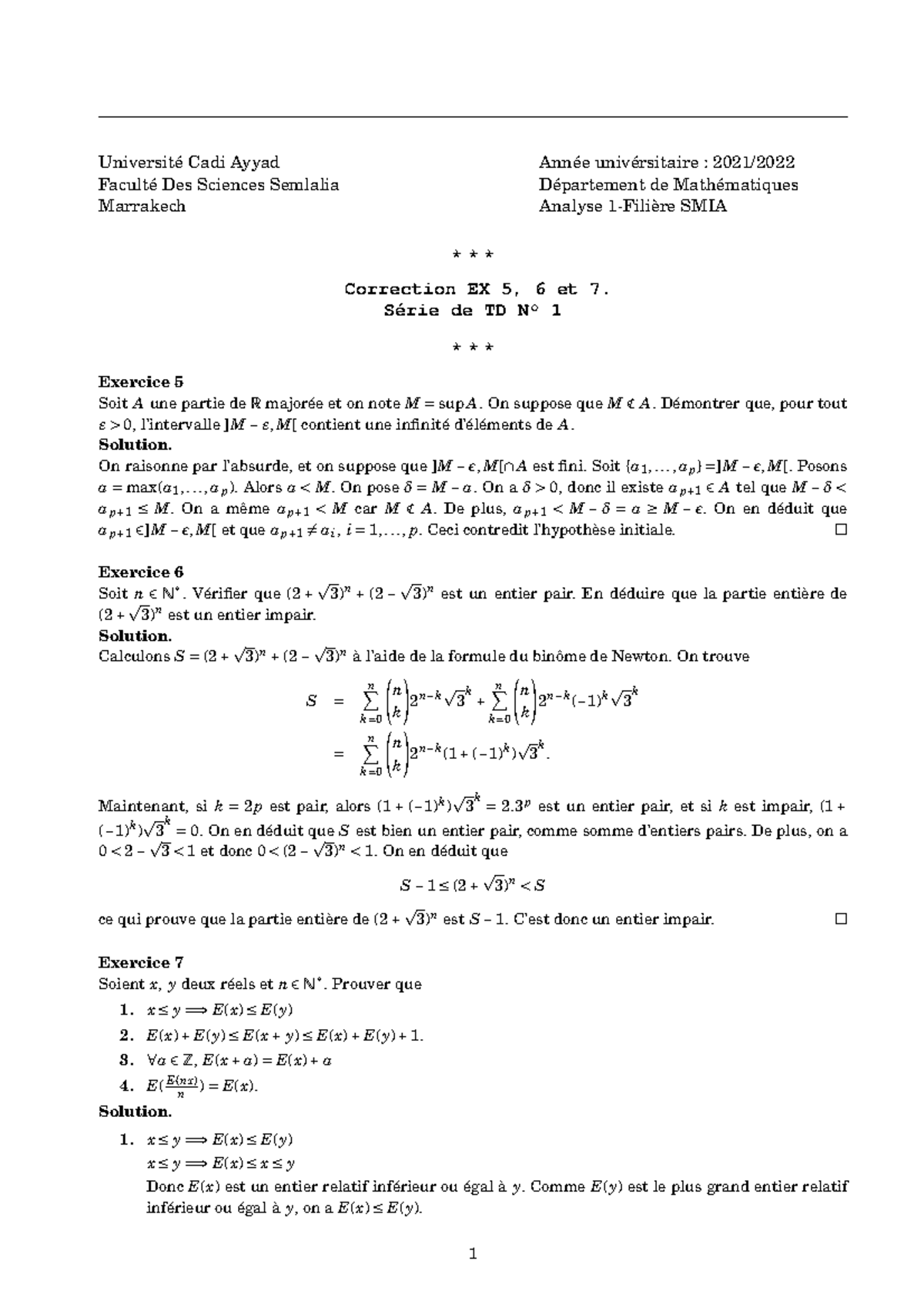 Exercices corrigés de mathématique- analyse 1 - Université Cadi Ayyad ...