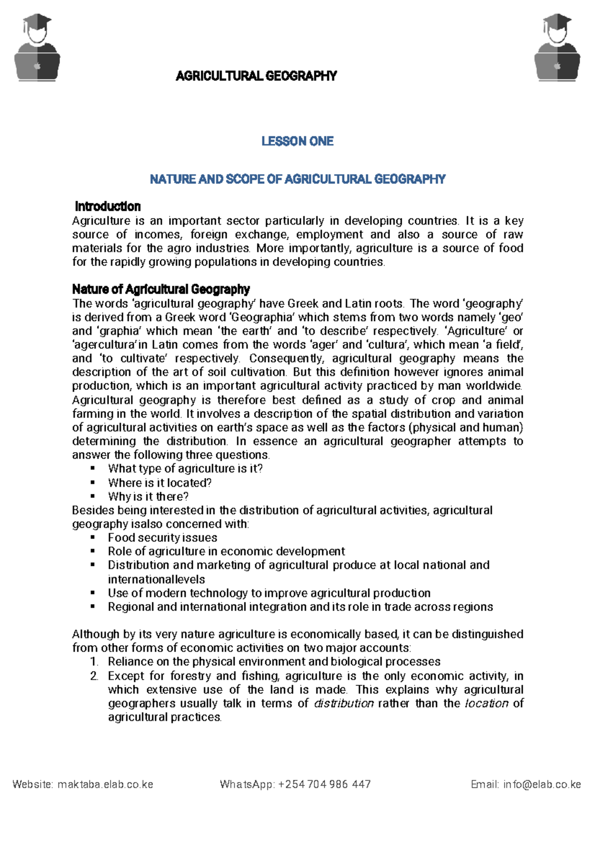 Agricultural Geography 3.1 Notes - AGRICULTURAL GEOGRAPHY LESSON ONE ...