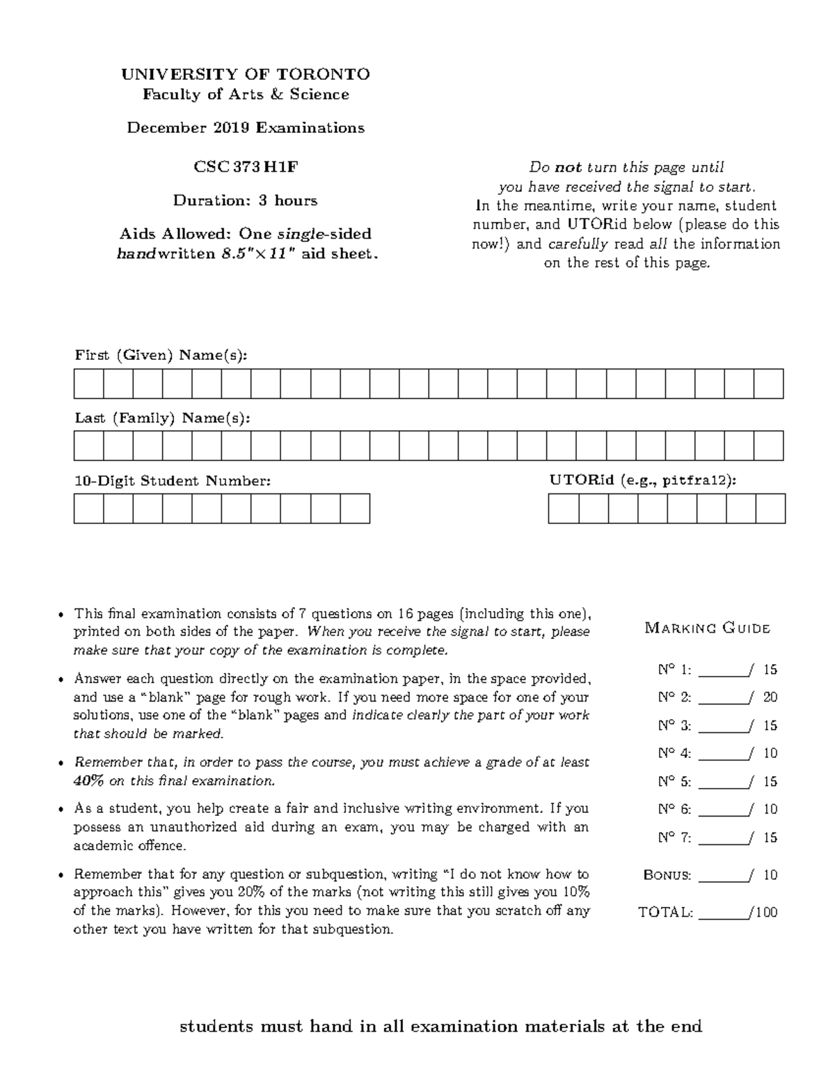Csc373h-d19 - Past exam Q - UNIVERSITY OF TORONTO Faculty of Arts & Science December 2019 - Studocu