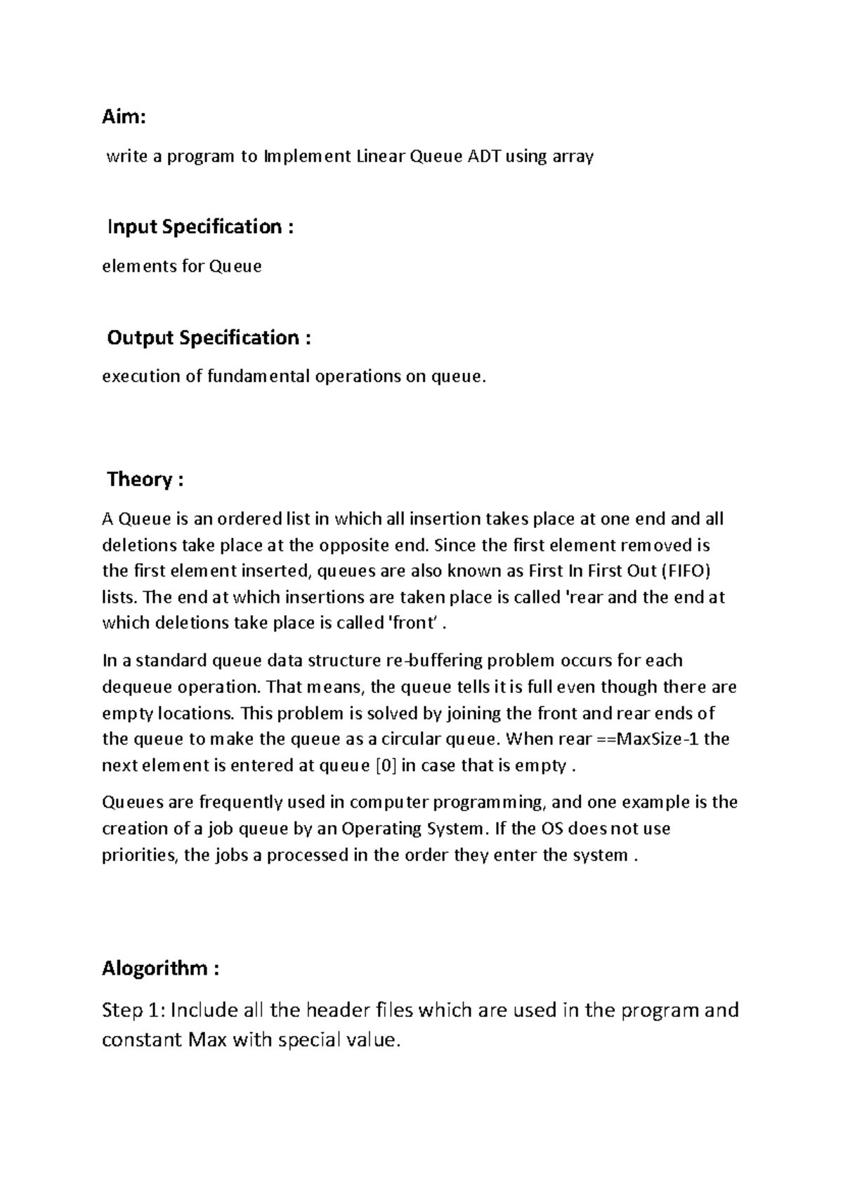 DS Experiment No 04 - Aim: write a program to Implement Linear Queue ADT using array Input - Studocu