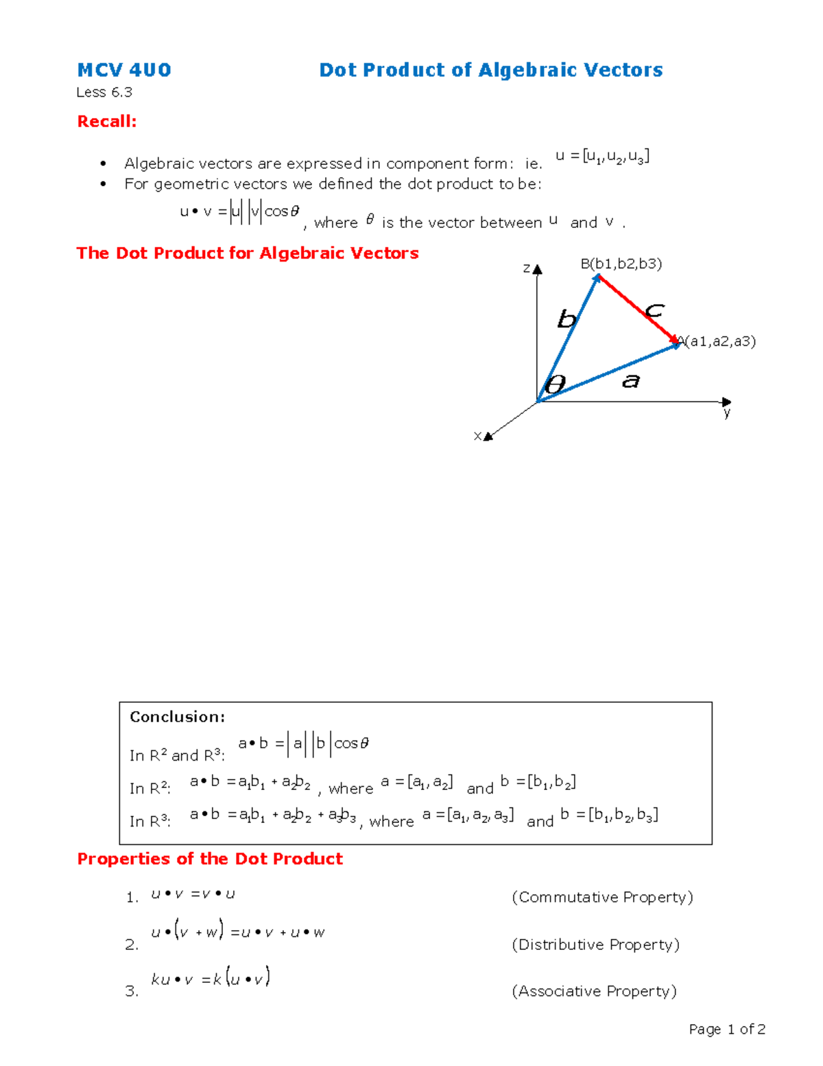 L6.3 Dot Product of Algebraic Vectors - x y z a b A(a1,a2,a3) B(b1,b2 ...