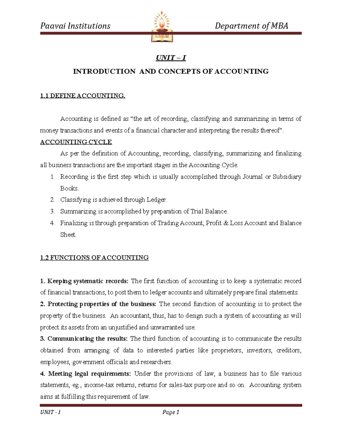 unit-1 accounts for managers - UNIT – I INTRODUCTION AND CONCEPTS OF ...