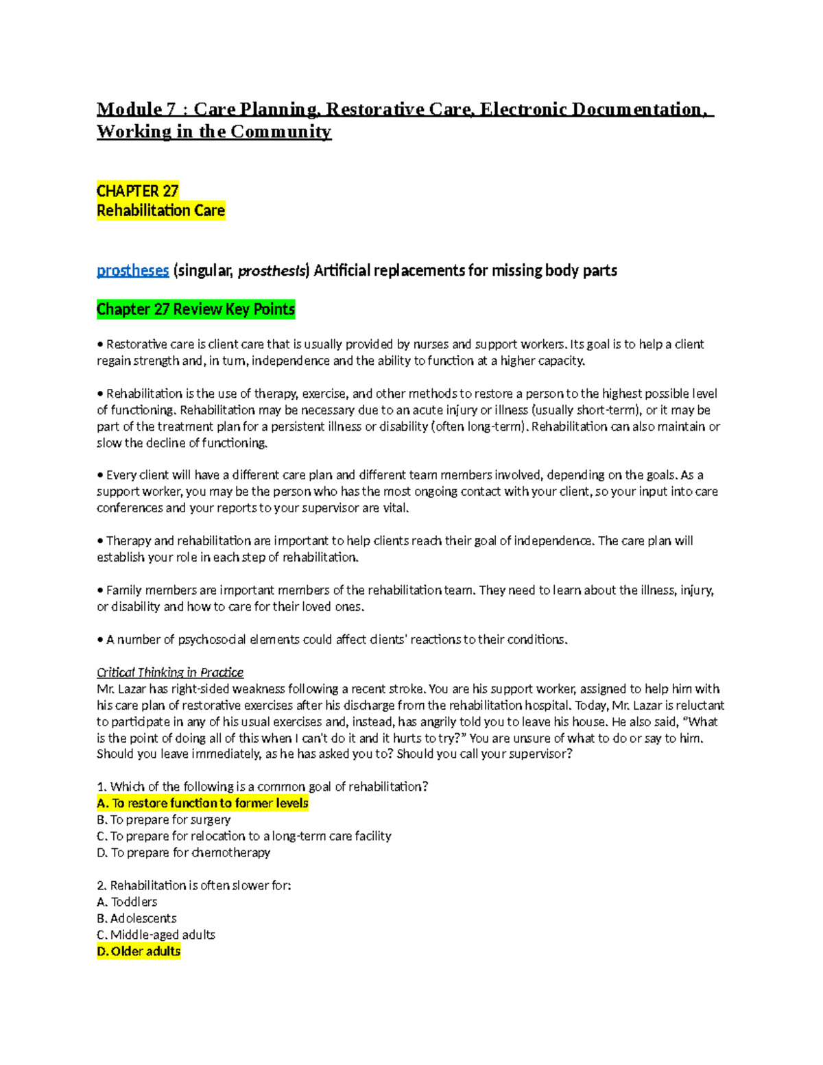 Module 7 chapters 2 - all subject - Module 7 : Care Planning ...