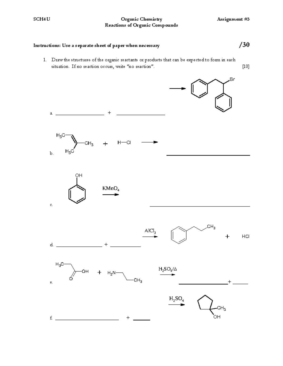Reactions Assignment - worksheet - SCH4U Organic Chemistry Assignment ...
