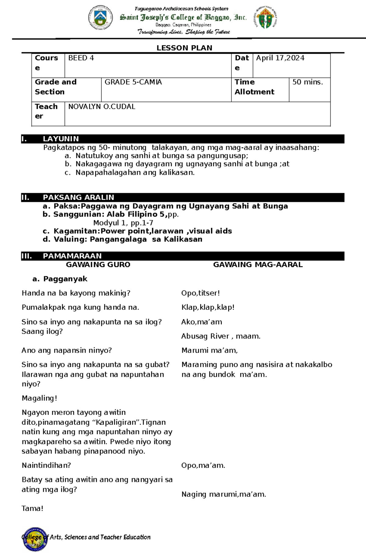 Final demo Filipino 5 Checked - LESSON PLAN Cours e BEED 4 Dat e April ...