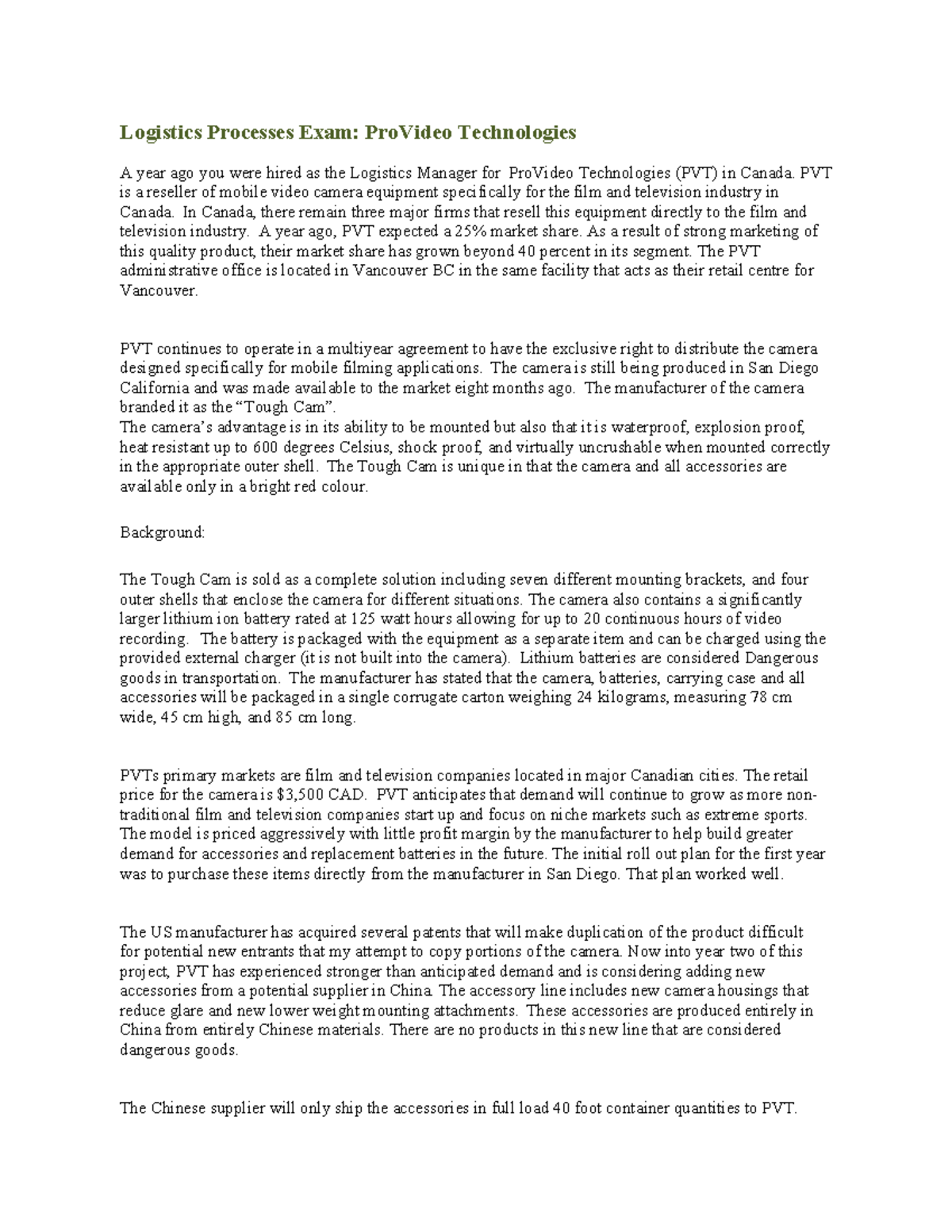 LP Exam Case Study - Pro Video Technologies - Logistics Processes Exam ...