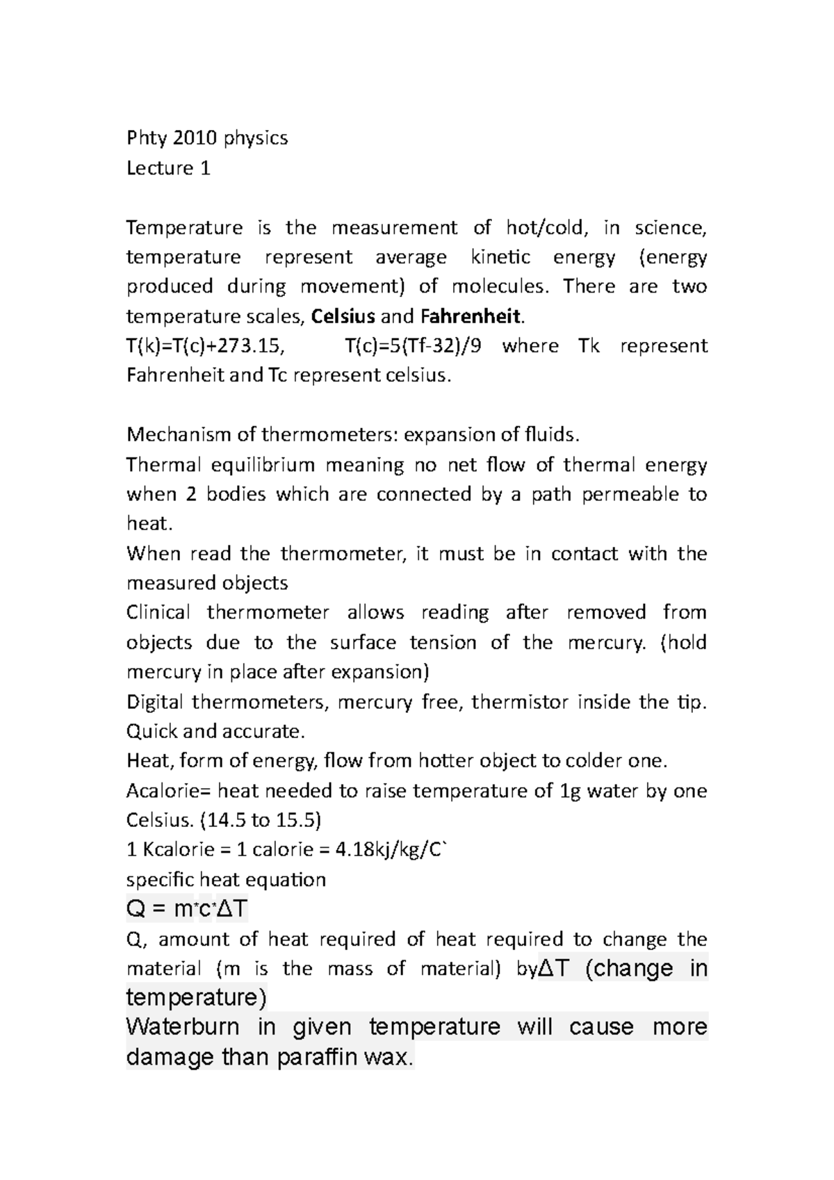 Physics - Phty 2010 physics Lecture 1 Temperature is the measurement of ...