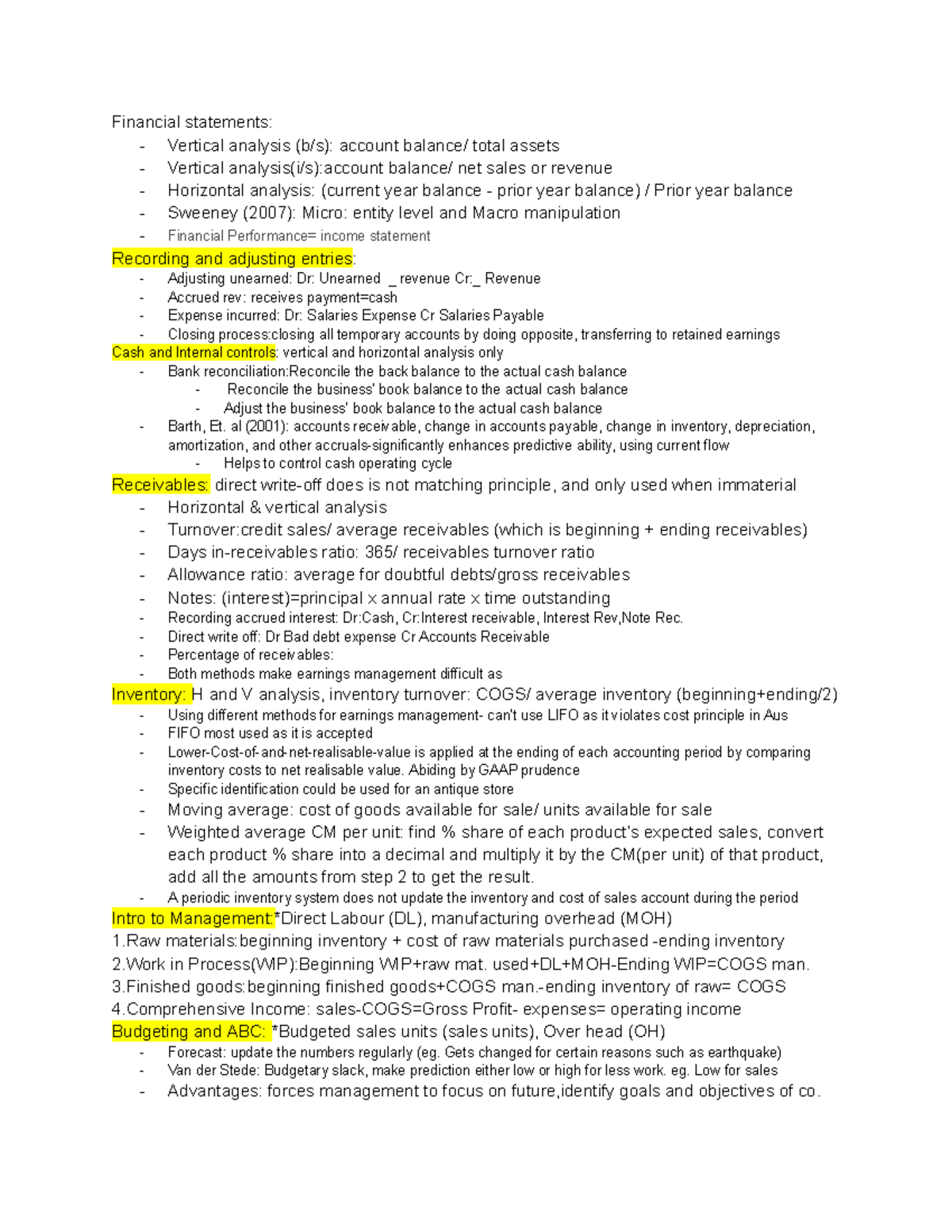 Acc. formula sheet - Financial statements: - Vertical analysis (b/s ...