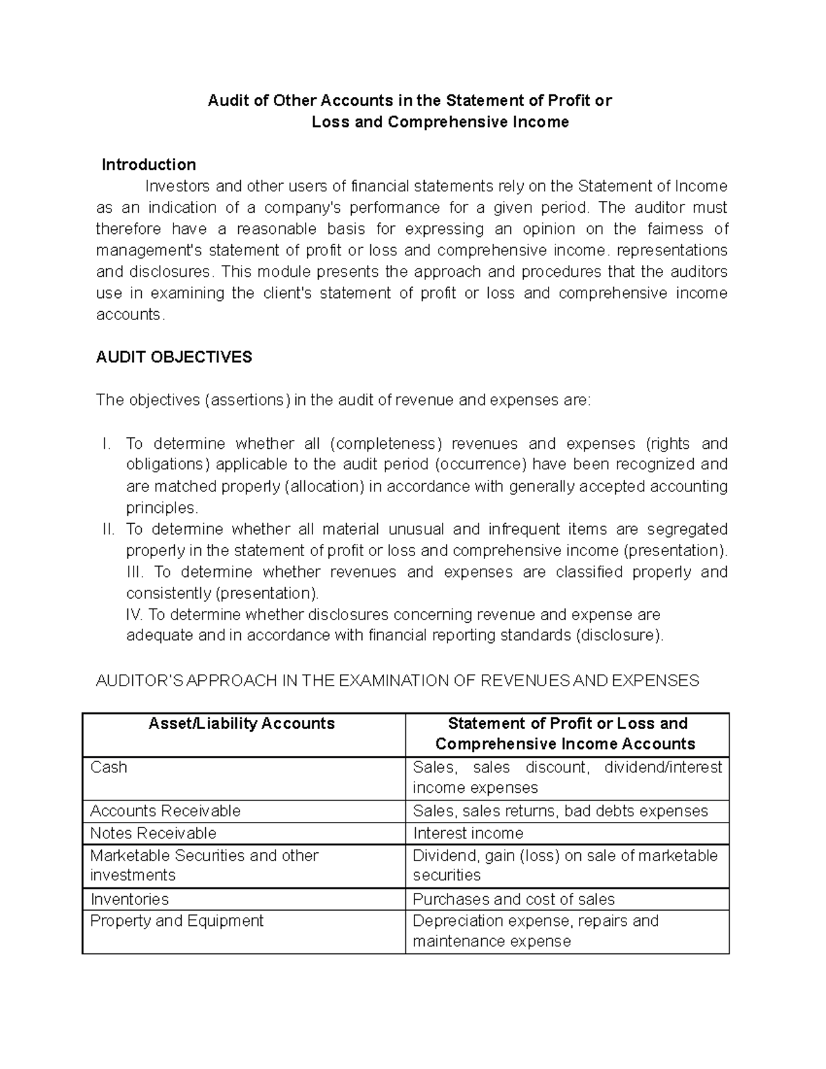 Audit of Other Accounts in the Statement of Profit or Loss and ...