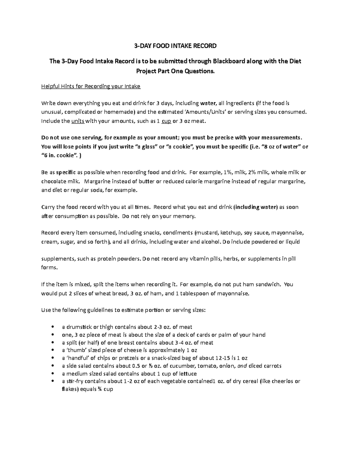 Food Intake Record - assignment for nutrition, it help eleborate on ...