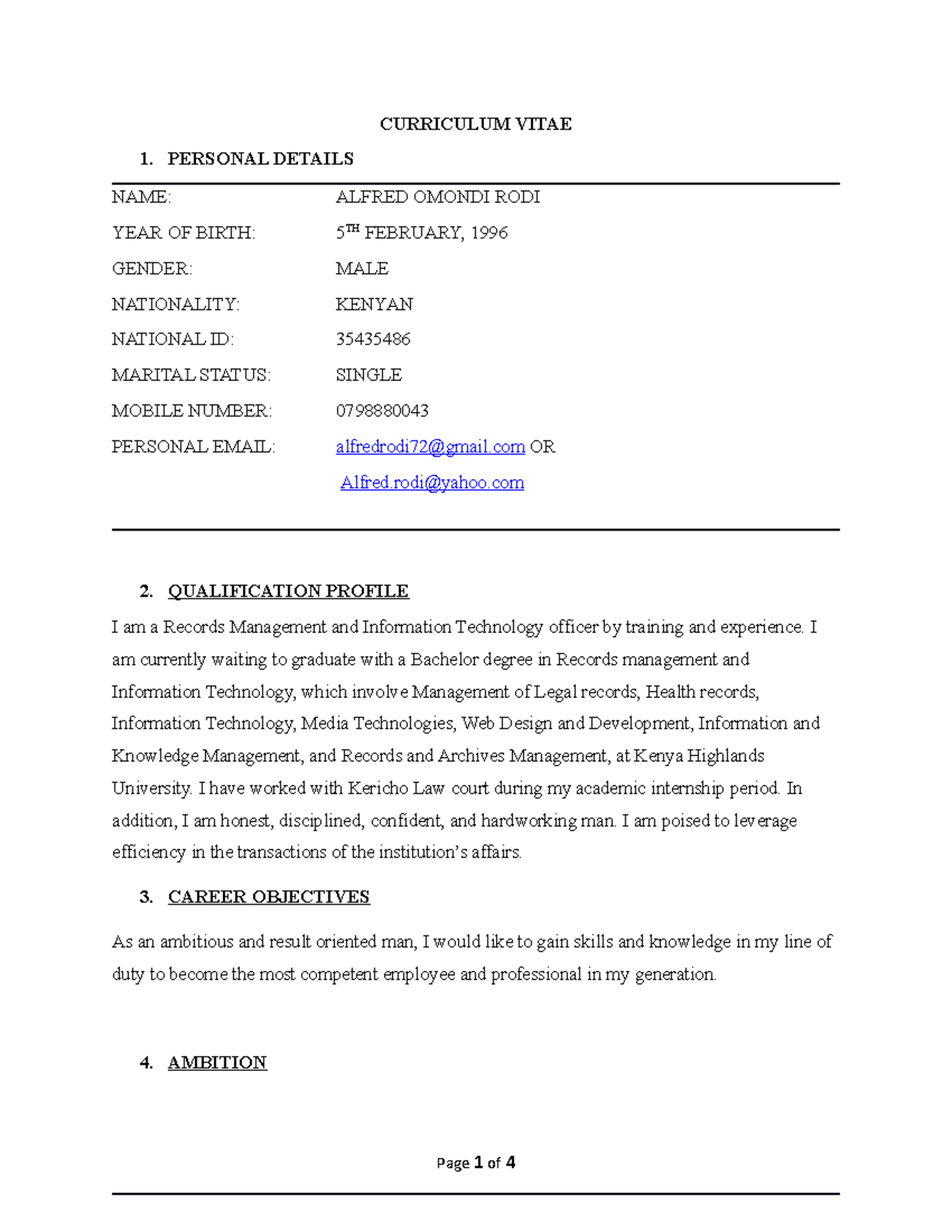 FRED CV Updated 2019 - LEARN EASY - CURRICULUM VITAE 1. PERSONAL DETAILS NAME: ALFRED OMONDI ...