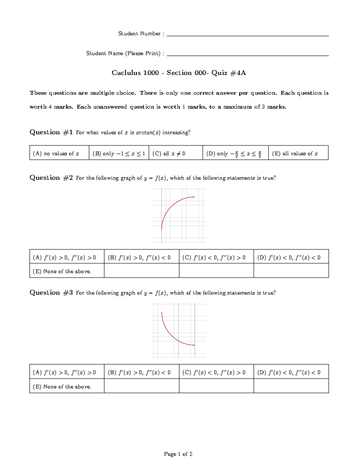 Calculus 1000A Quiz4 - Student Number : Student Name (Please Print ...