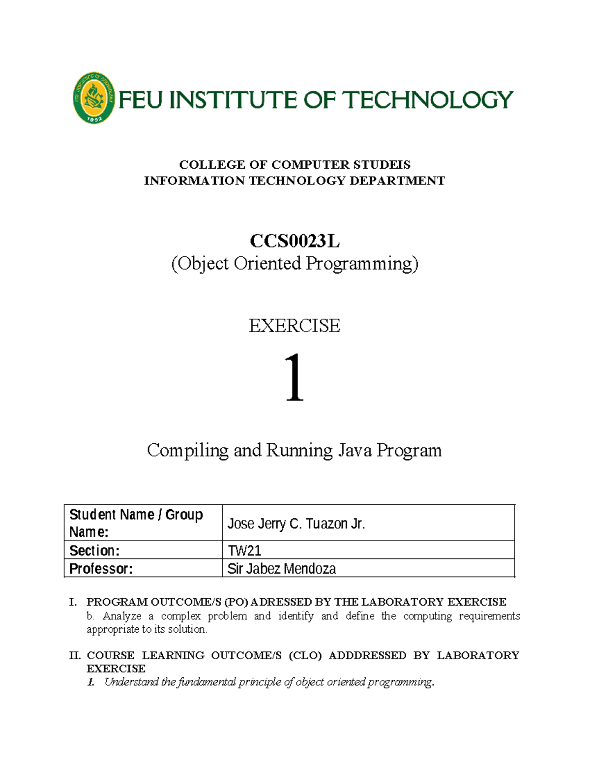 LE01 Laboratory - COLLEGE OF COMPUTER STUDEIS INFORMATION TECHNOLOGY ...