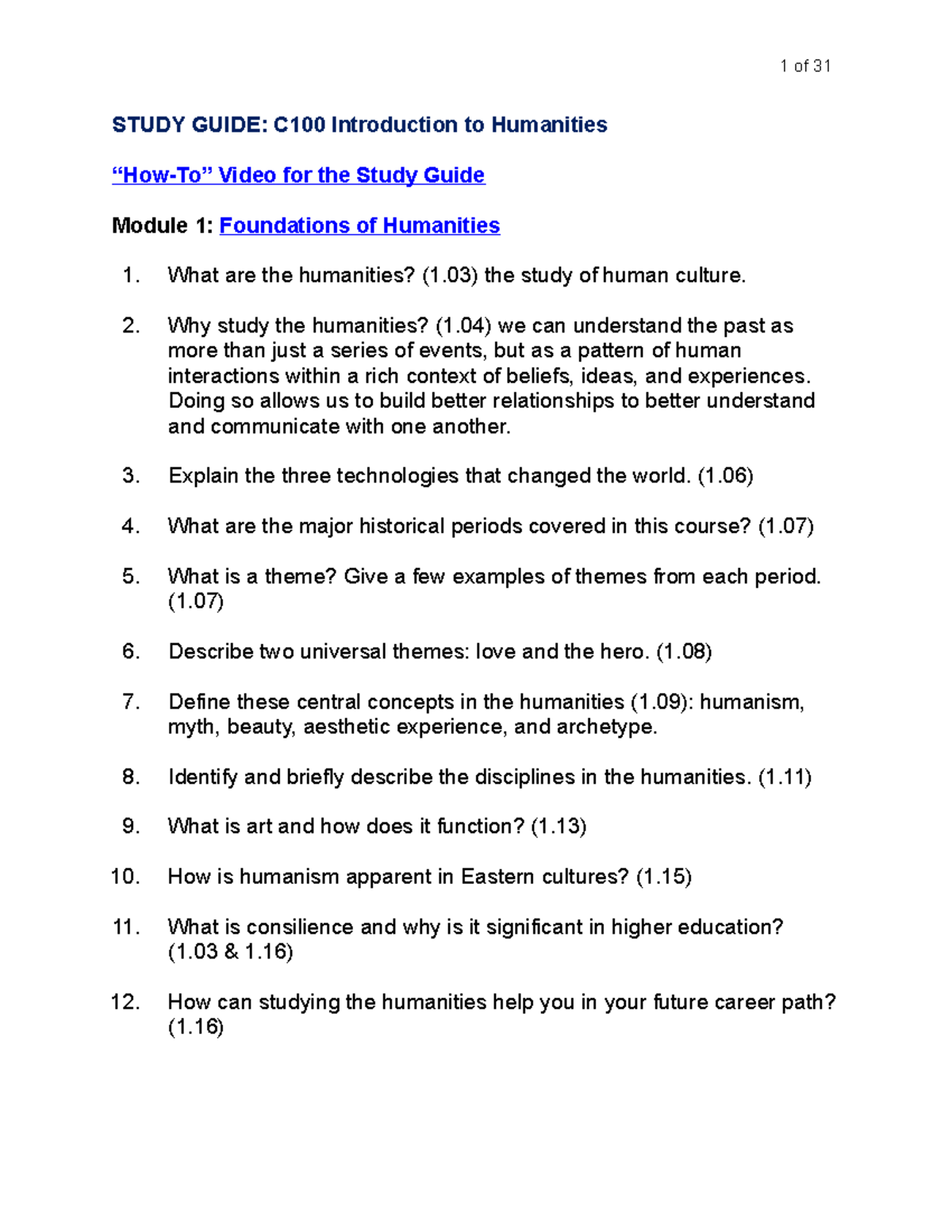 C100 study guide outline - STUDY GUIDE: C100 Introduction to Humanities ...
