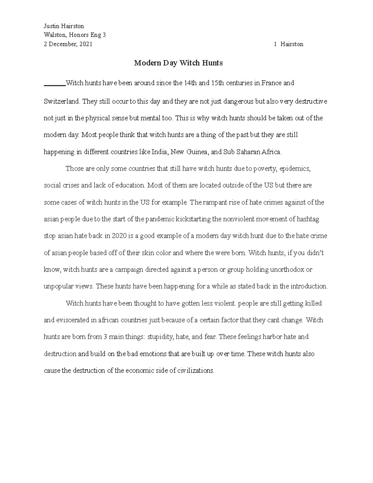 Modern Day witch hunt Speech - Justin Hairston Walston, Honors Eng 3 2 ...